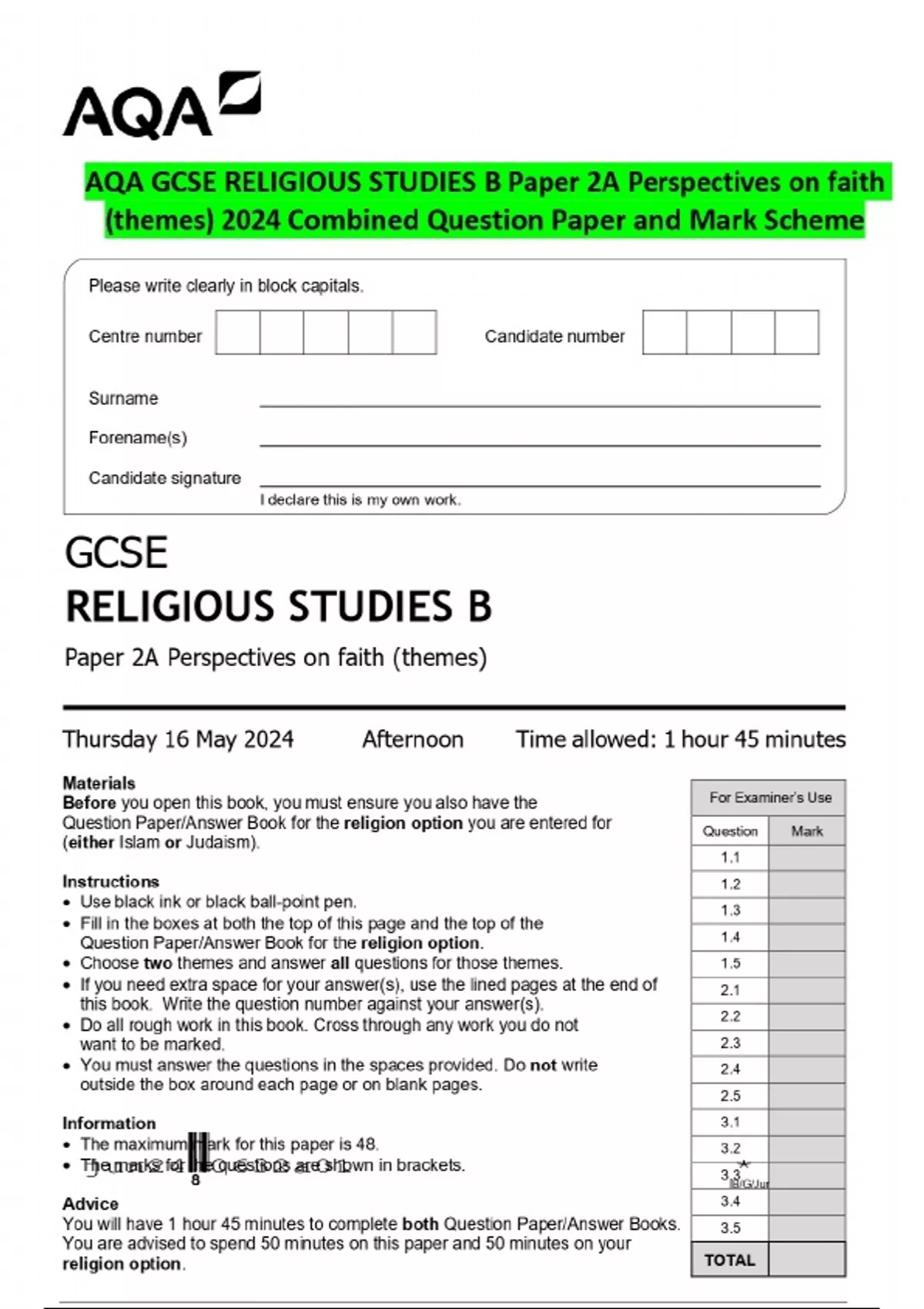 PACKAGE-::AQA GCSE RELIGIOUS STUDIES 2024- Complete Question Paper ...