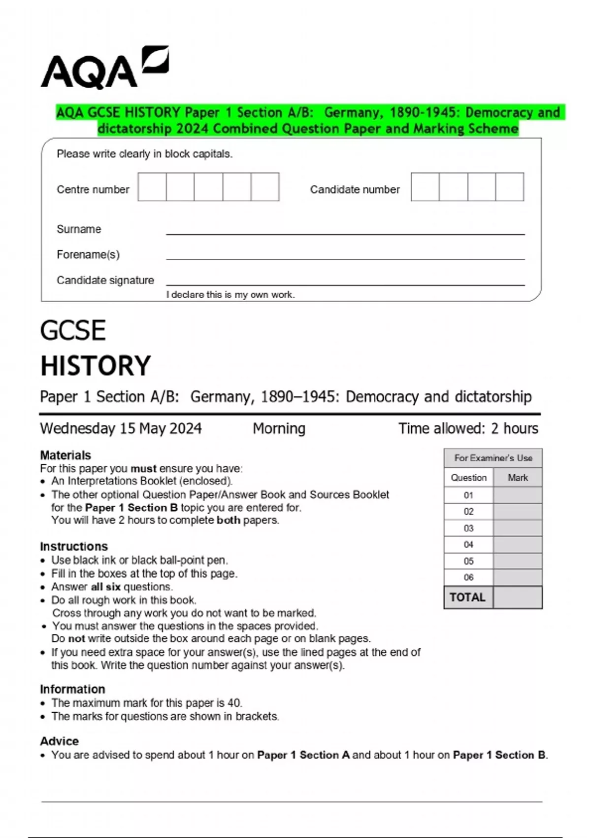 AQA GCSE HISTORY Paper 1 Section A/B: Germany, 1890–1945: Democracy and ...