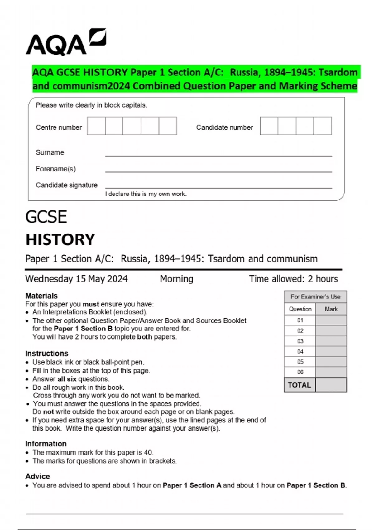 AQA GCSE HISTORY Paper 1 Section A/C: Russia, 1894–1945: Tsardom and ...