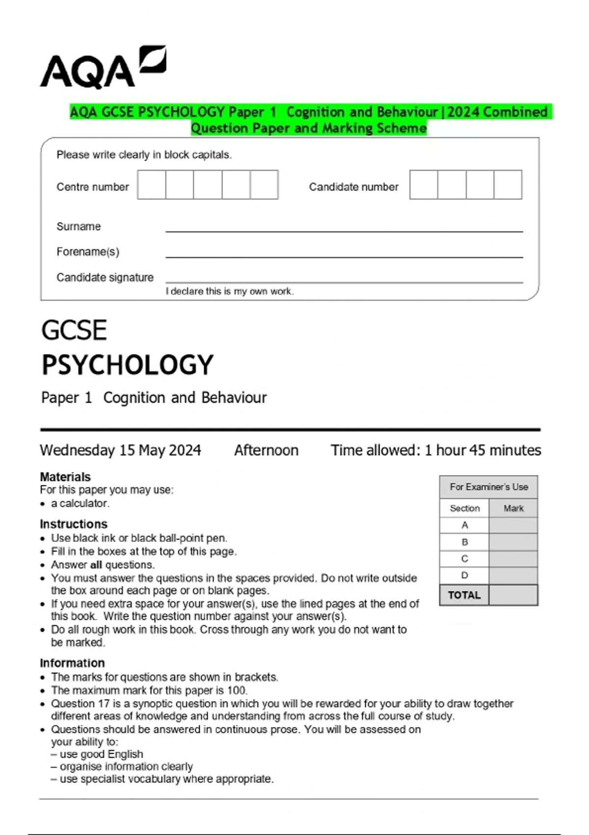 AQA GCSE PSYCHOLOGY Paper 1 Cognition and Behaviour|2024 Combined ...
