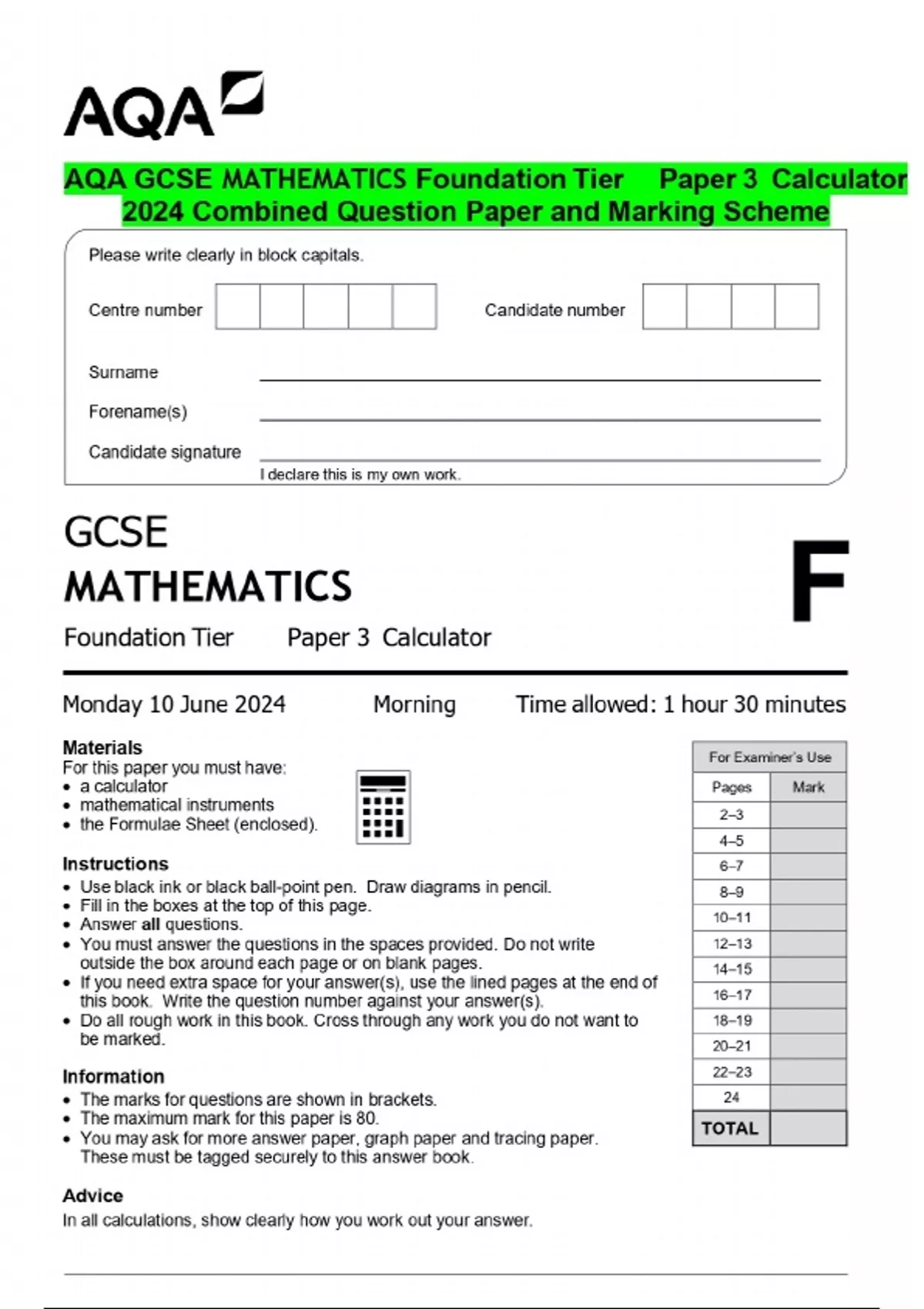 BUNDLE-::AQA GCSE MATHEMATICS 2024- Complete Question Paper & Marking ...