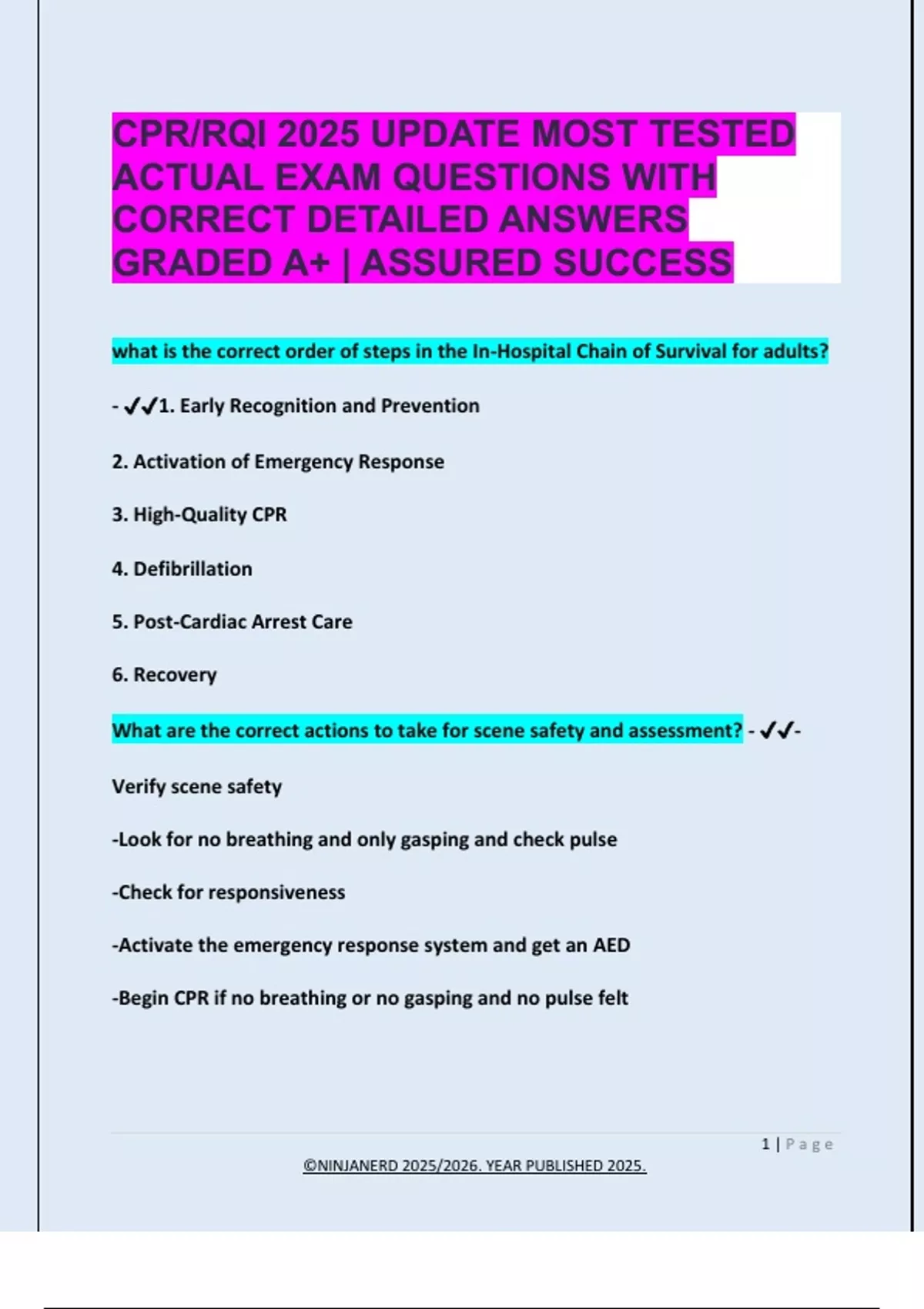 CPR/RQI 2025 UPDATE MOST TESTED ACTUAL EXAM QUESTIONS WITH CORRECT ...
