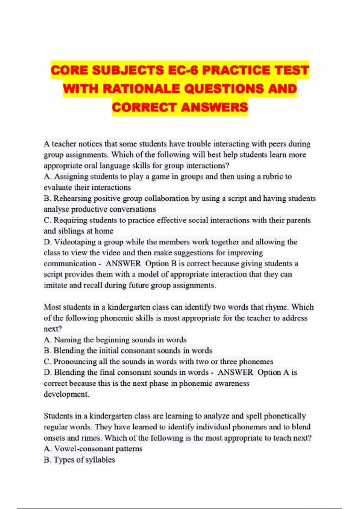 CORE SUBJECTS EC-6 PRACTICE TEST WITH RATIONALE QUESTIONS AND CORRECT ...
