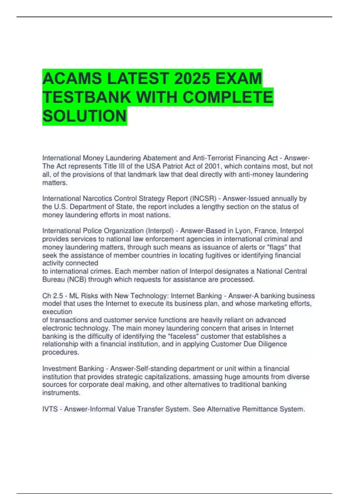 ACAMS LATEST 2025 EXAM TESTBANK WITH COMPLETE SOLUTION - ACAMS - Stuvia US