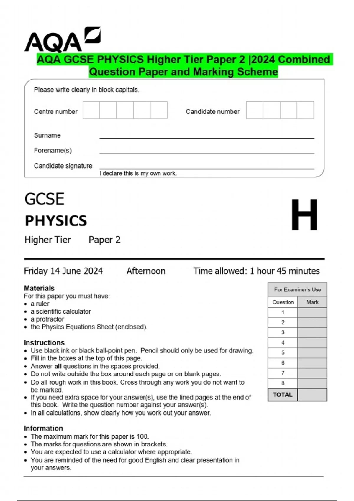 AQA GCSE PHYSICS Higher Tier Paper 2 |2024 Combined Question Paper and ...