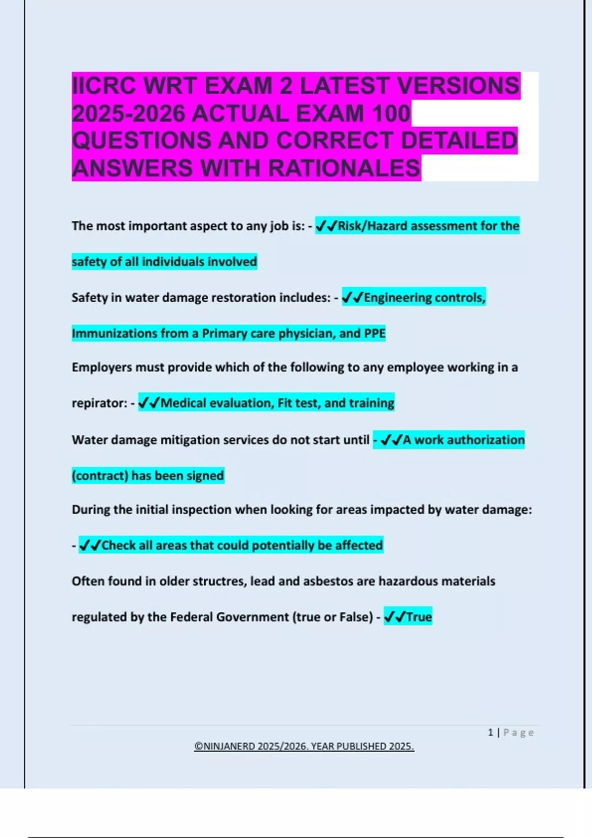 IICRC WRT EXAM 2 LATEST VERSIONS ACTUAL EXAM 100 QUESTIONS AND CORRECT ...
