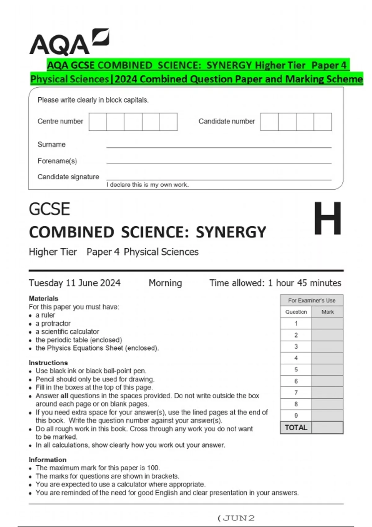 AQA GCSE COMBINED SCIENCE: SYNERGY Higher Tier Paper 4 Physical ...