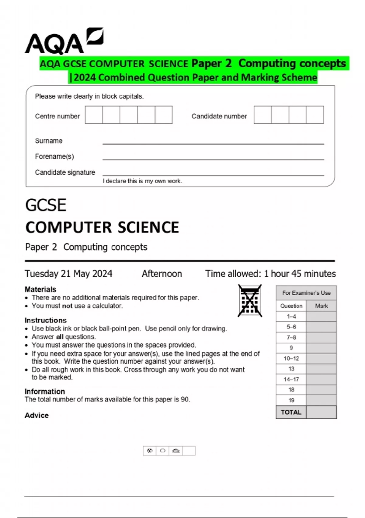 PACKAGE-:: AQA GCSE COMPUTER SCIENCE 2024- Complete Question Paper & Marking Scheme Merged ...