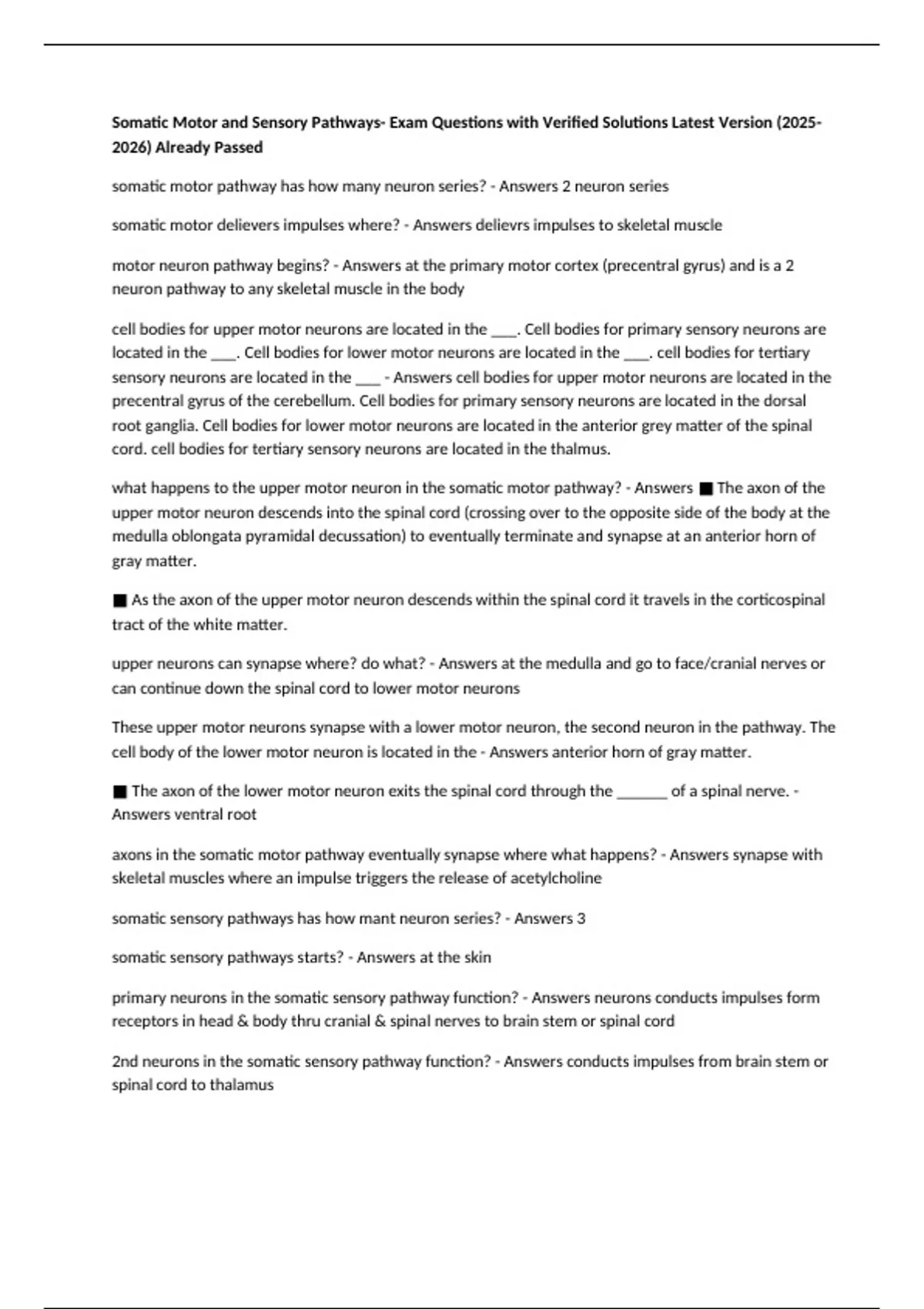 Somatic Motor and Sensory Pathways- Exam Questions with Verified ...