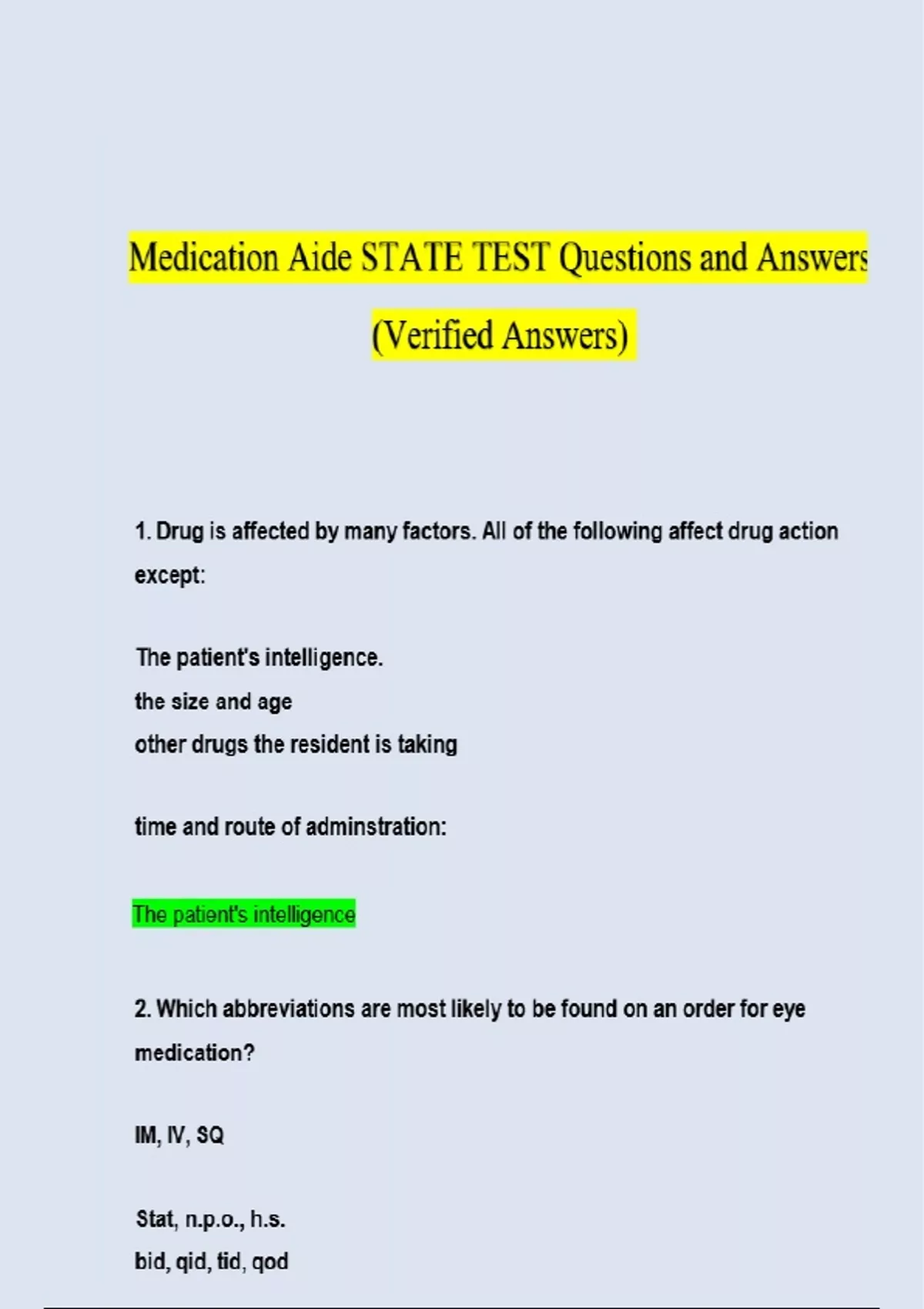 Medication Aide State Test Exam Questions with verified Answers A+ ...