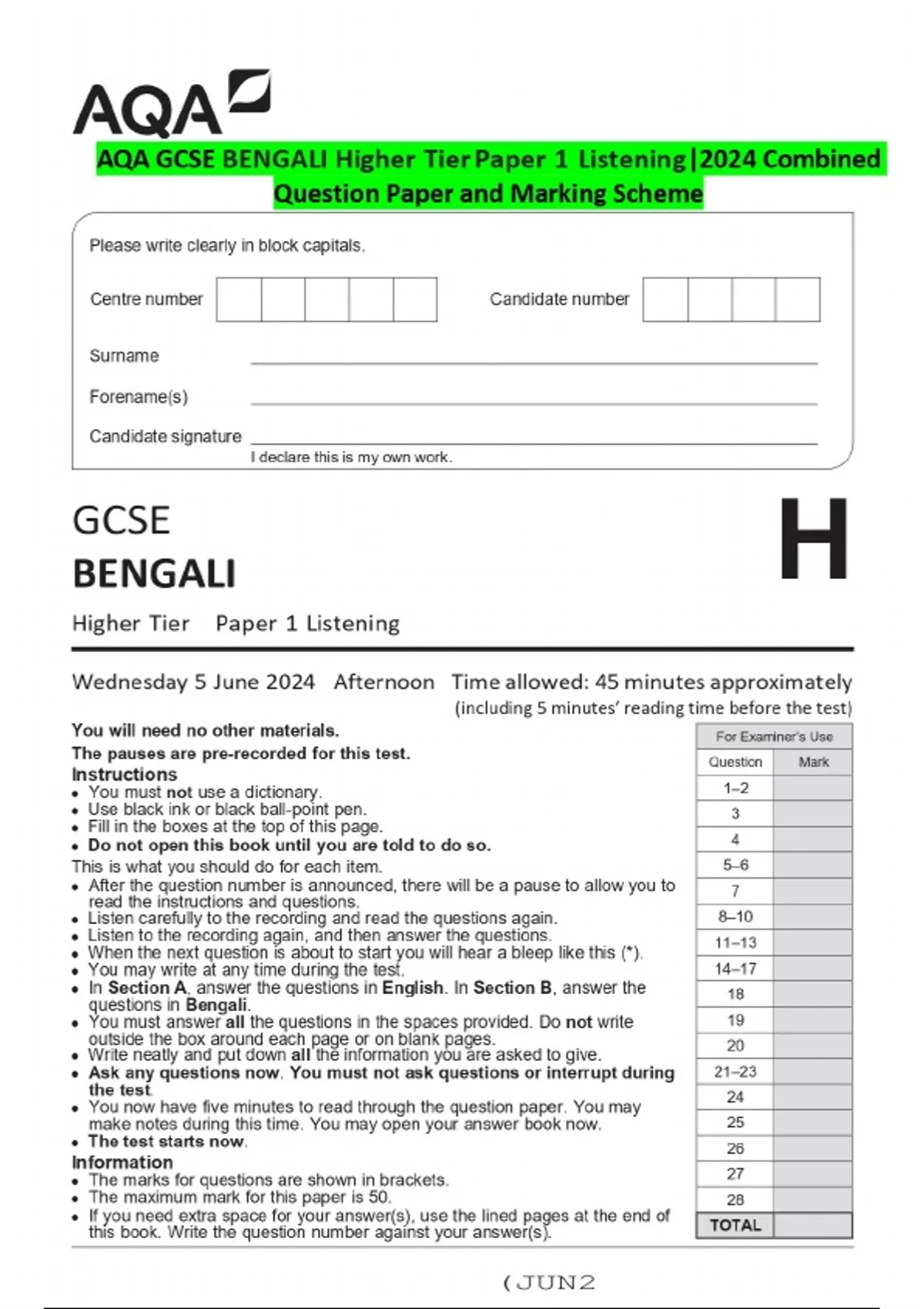 AQA GCSE BENGALI Higher Tier Paper 1 Listening|2024 Combined Question Paper and Marking Scheme ...