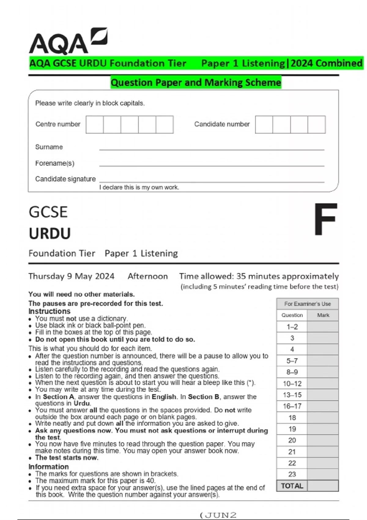 BUNDLE-::AQA GCSE URDU 2024 -Complete Question Paper & Marking Scheme ...