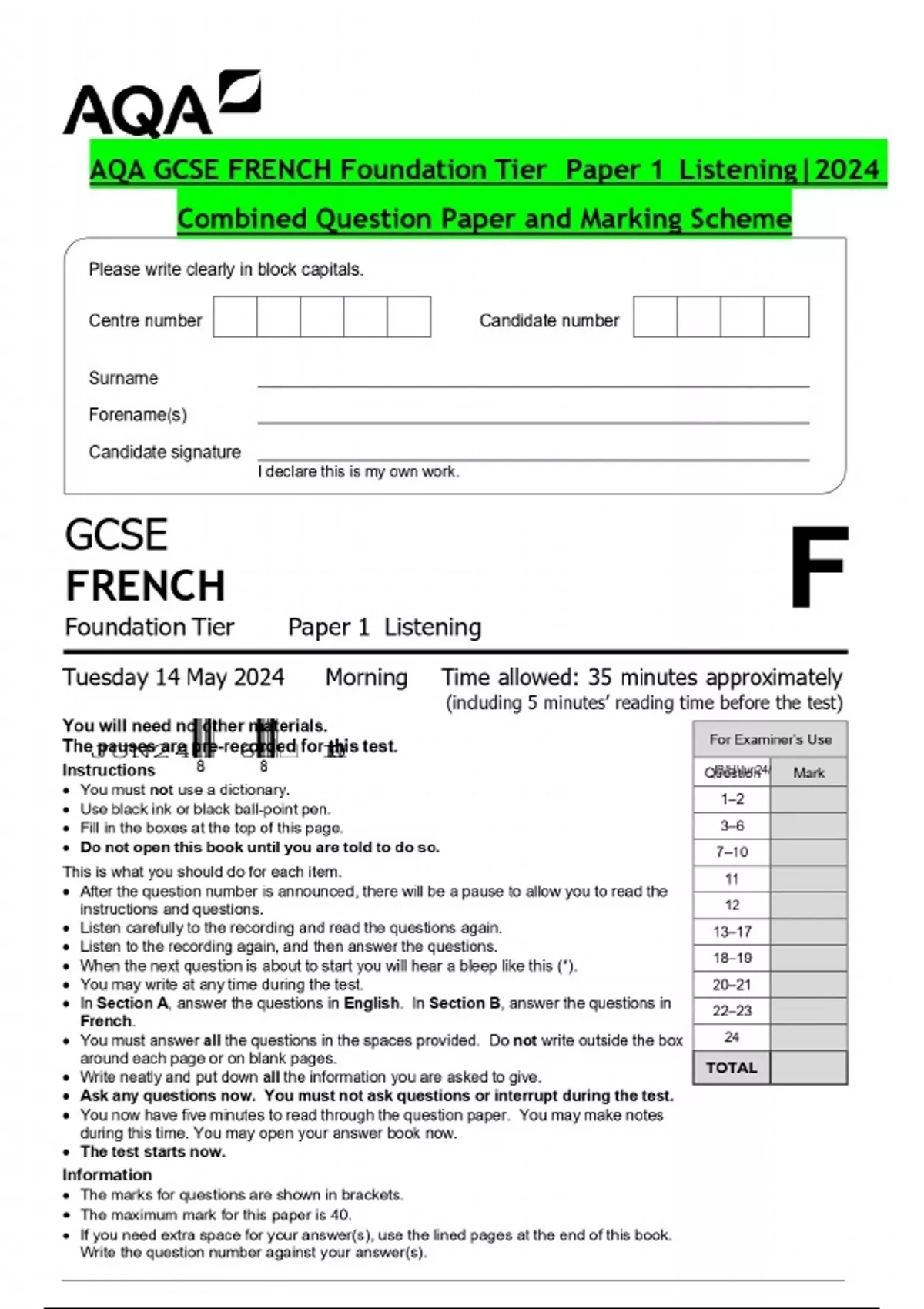 AQA GCSE FRENCH Foundation Tier Paper 1 Listening|2024 Combined ...