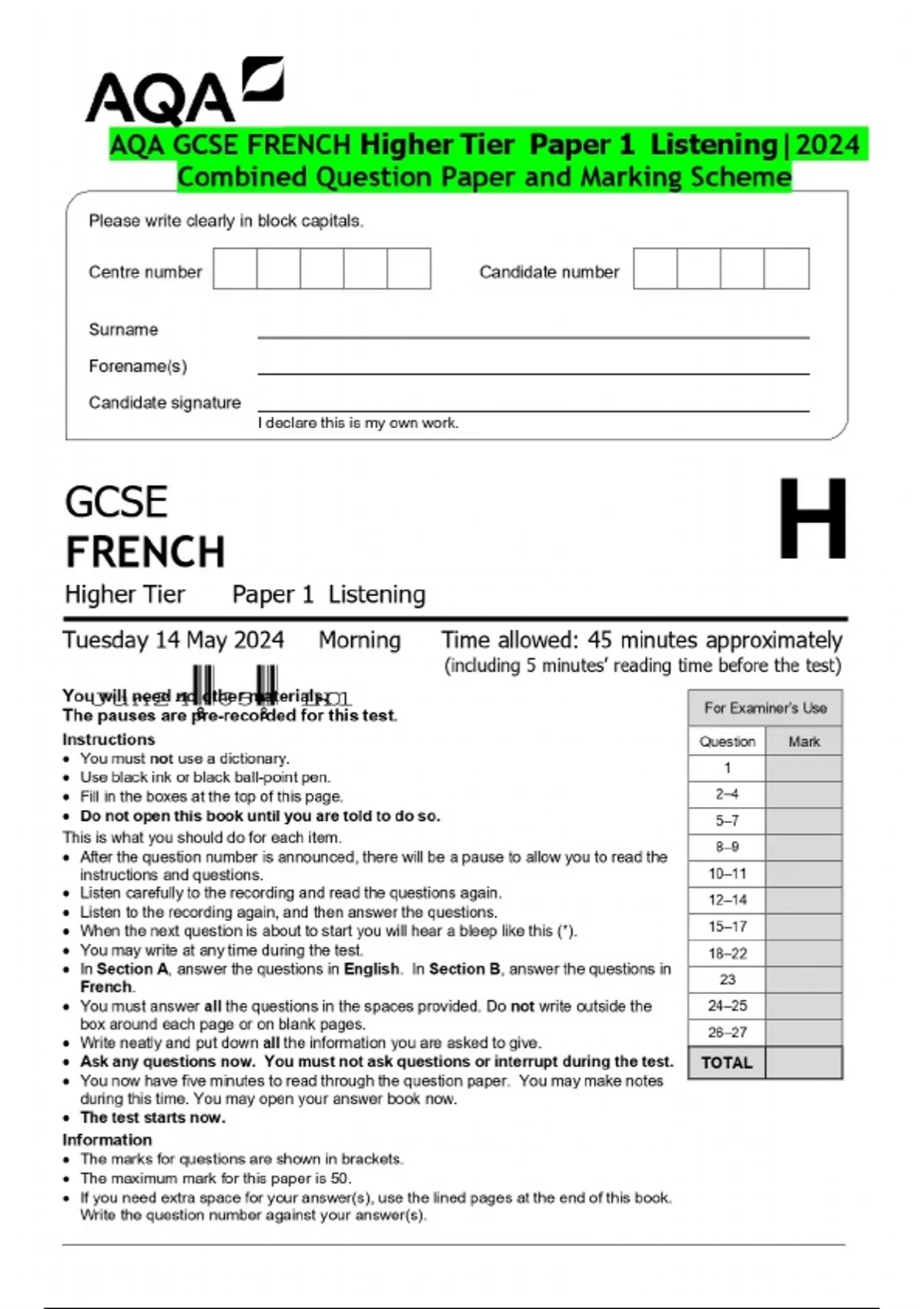 AQA GCSE FRENCH Higher Tier Paper 1 Listening|2024 Combined Question ...