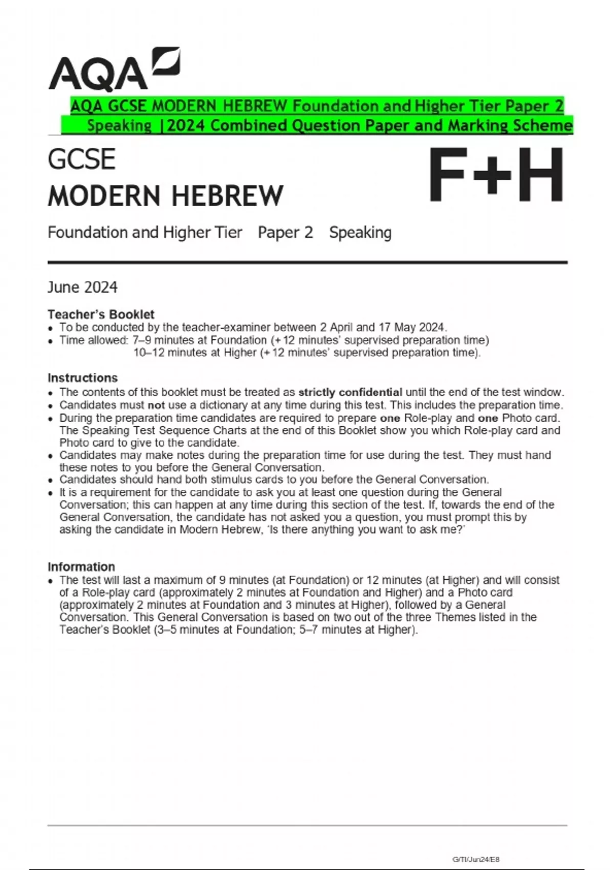 AQA GCSE MODERN HEBREW Foundation and Higher Tier Paper 2 Speaking ...
