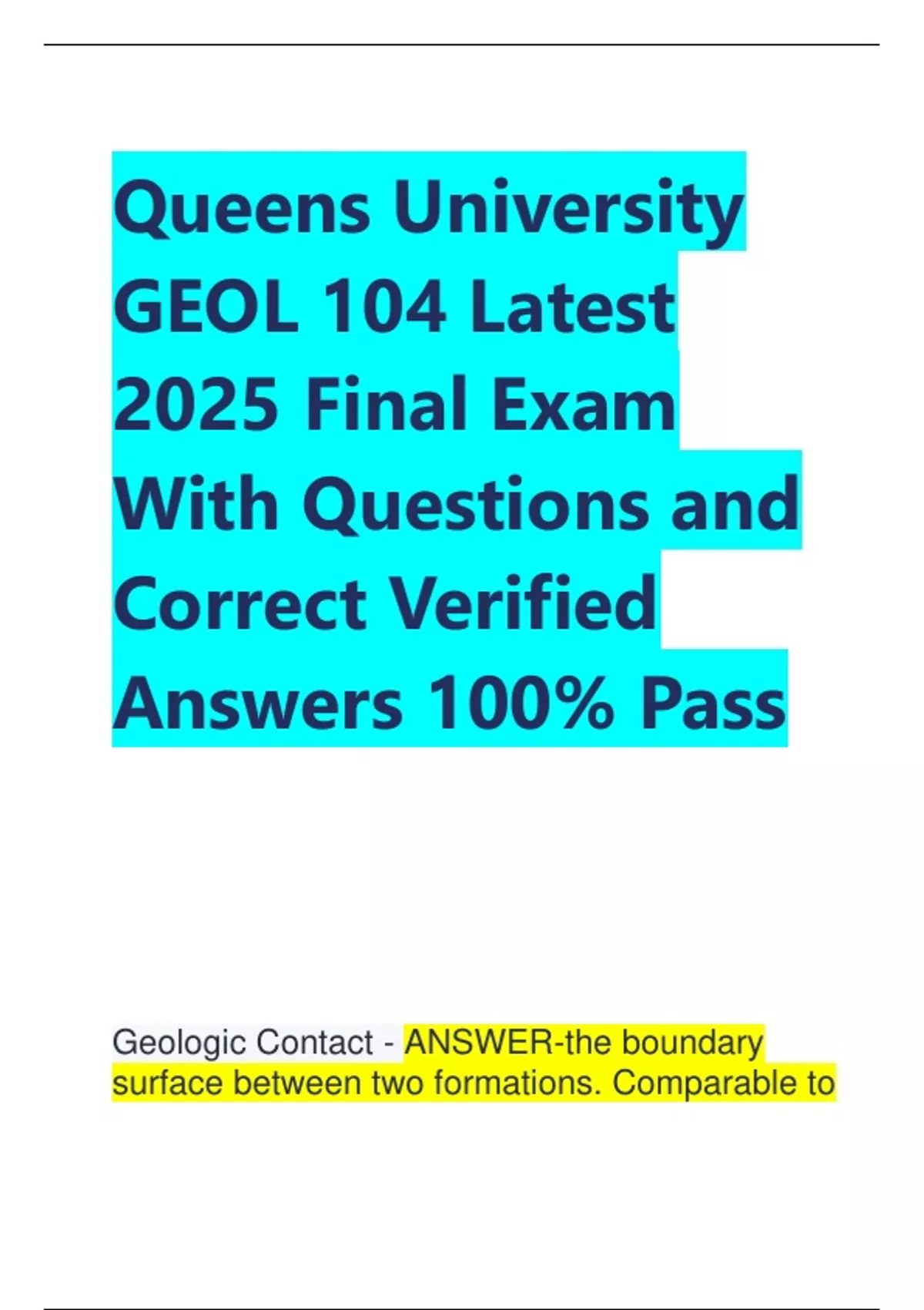 Queens University GEOL 104 Latest 2025 Final Exam With Questions and ...