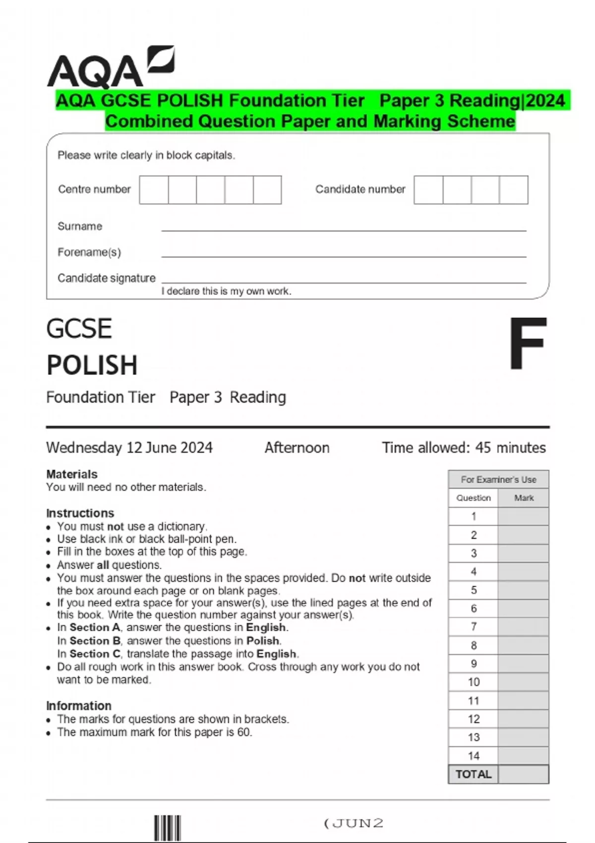 PACKAGE-::AQA GCSE POLISH 2024- Complete Question Paper & Marking ...
