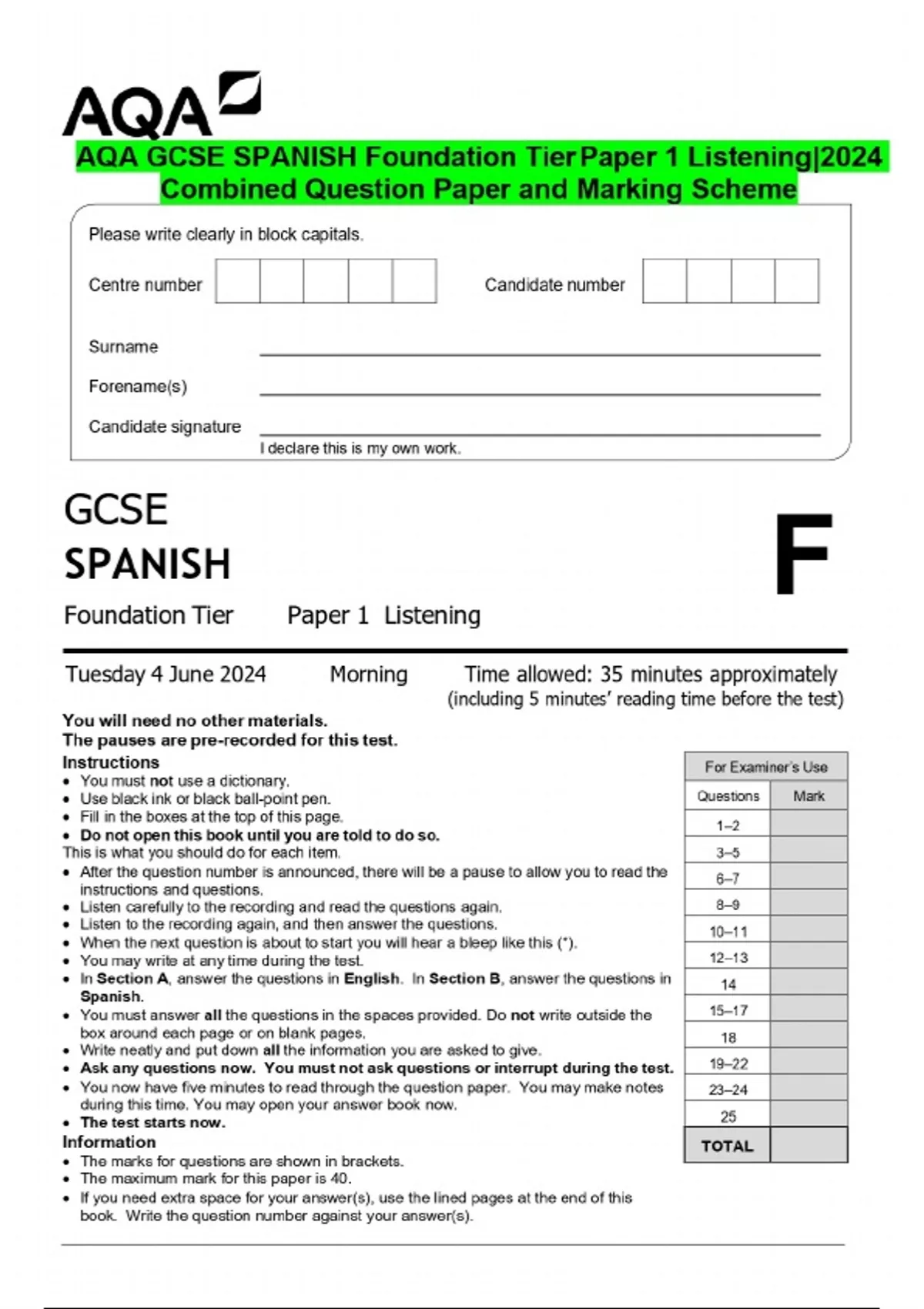 PACKAGE-::AQA GCSE SPANISH 2024-Complete Question Paper & Marking ...