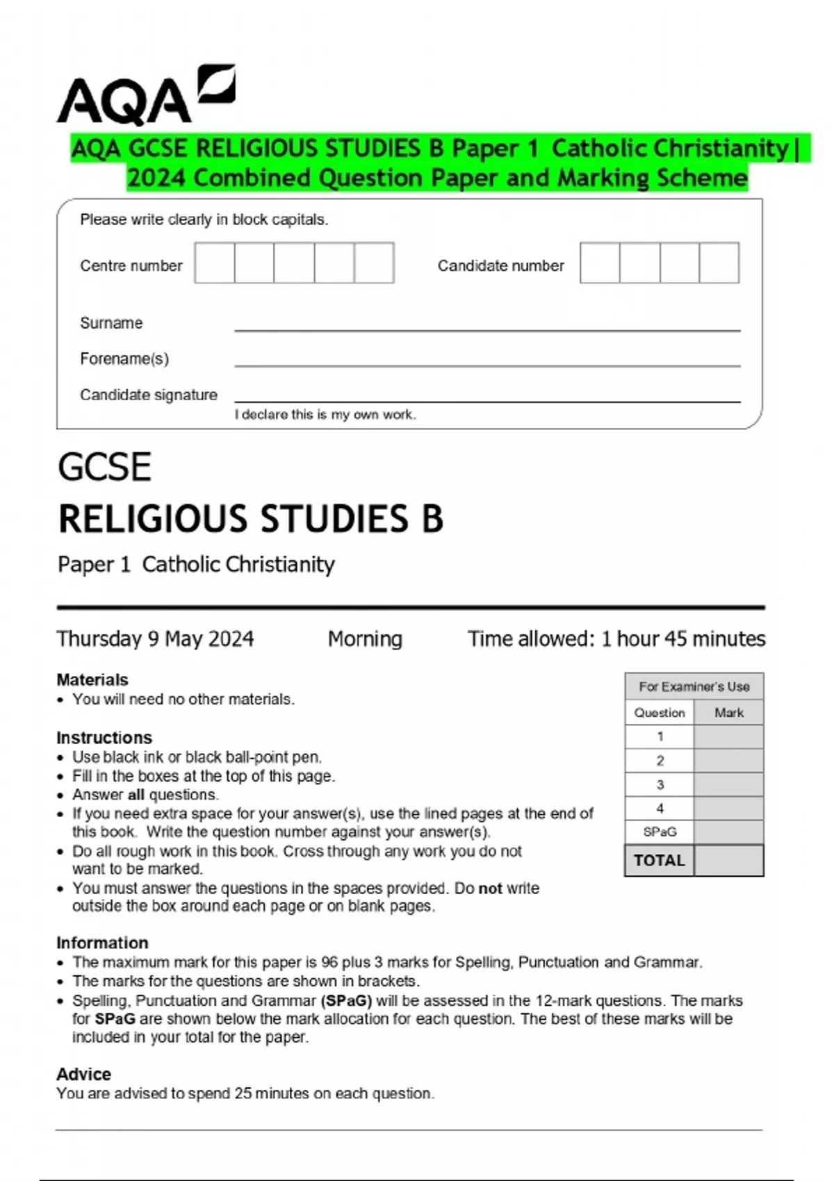 AQA GCSE RELIGIOUS STUDIES B Paper 1 Catholic Christianity| 2024 Combined Question Paper and ...