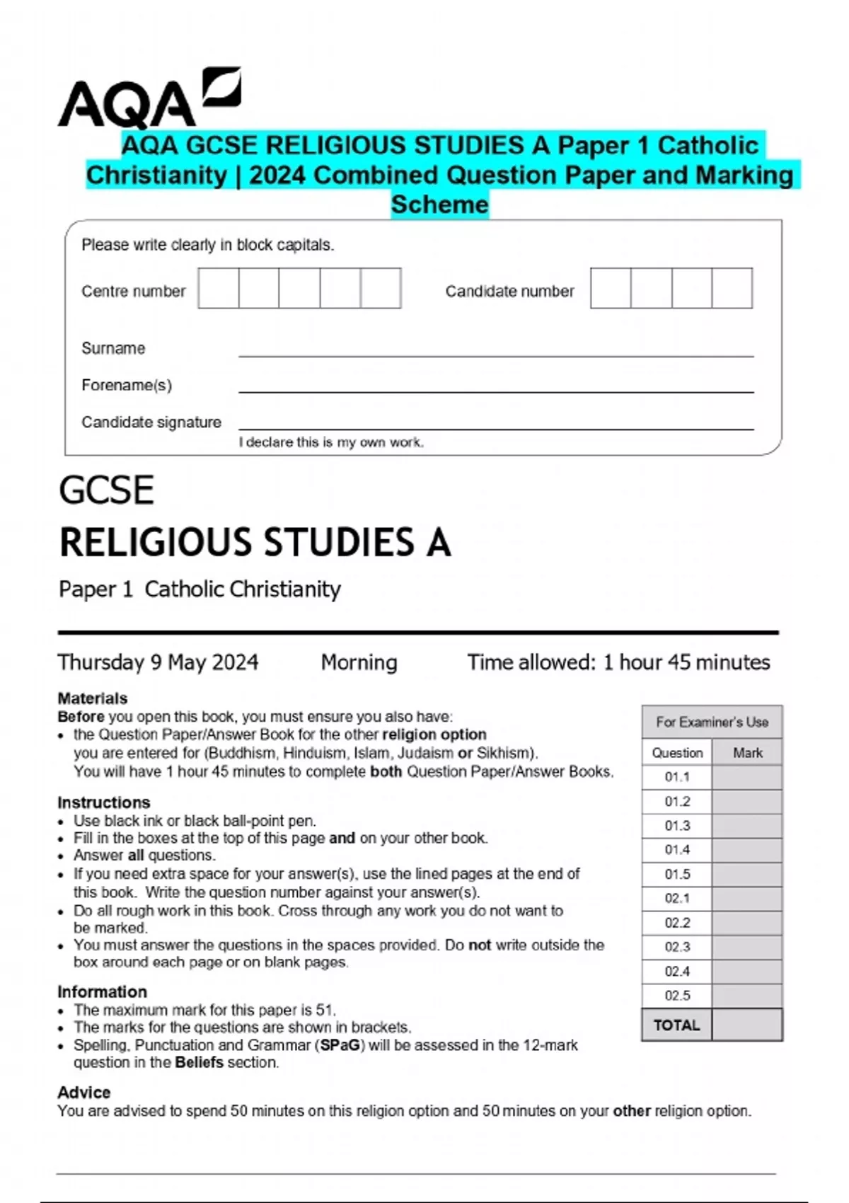 AQA GCSE RELIGIOUS STUDIES A Paper 1 Catholic Christianity | 2024 ...