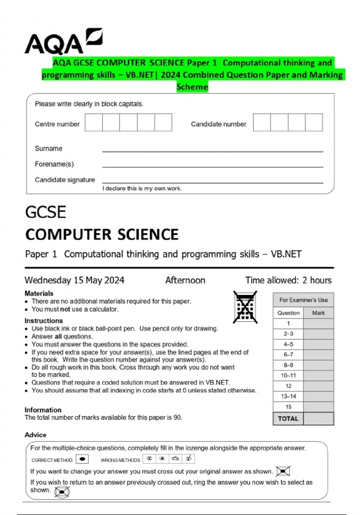 Aqa Gcse Computer Science Paper 1 Computational Thinking And Programming Skills Vbnet 2024 8013