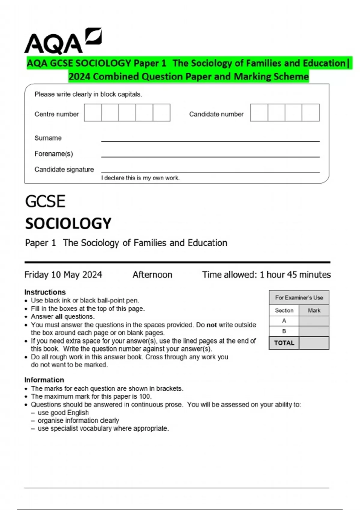 PACKAGE-:: AQA GCSE SOCIOLOGY 2024- Complete Question Paper & Marking ...
