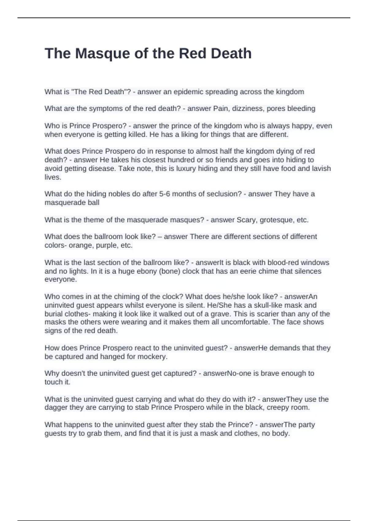 The Masque of the Red Death Questions with Solutions - Face reality ...