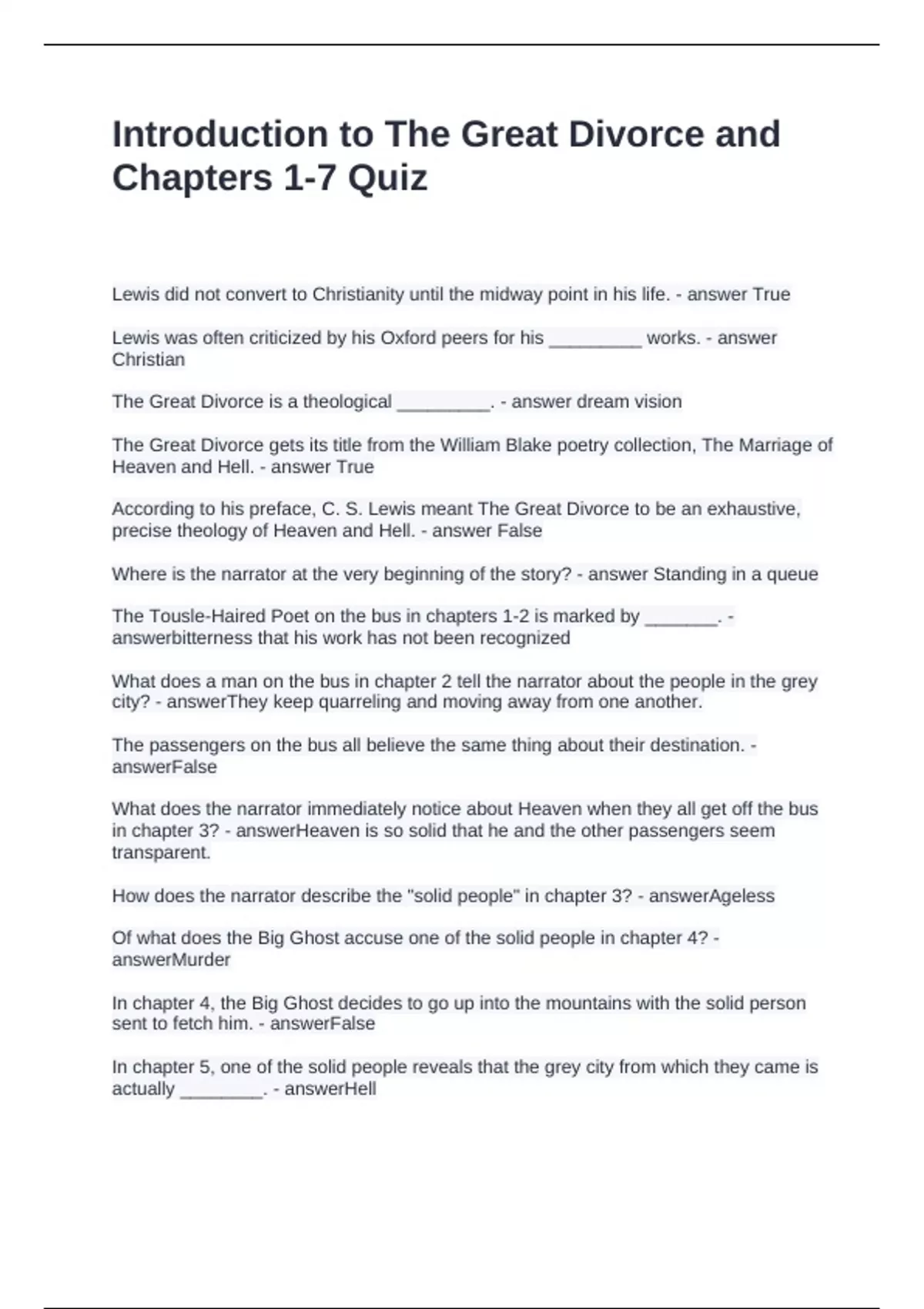 Introduction to The Great Divorce and Chapters 1-7 Quiz Questions with ...