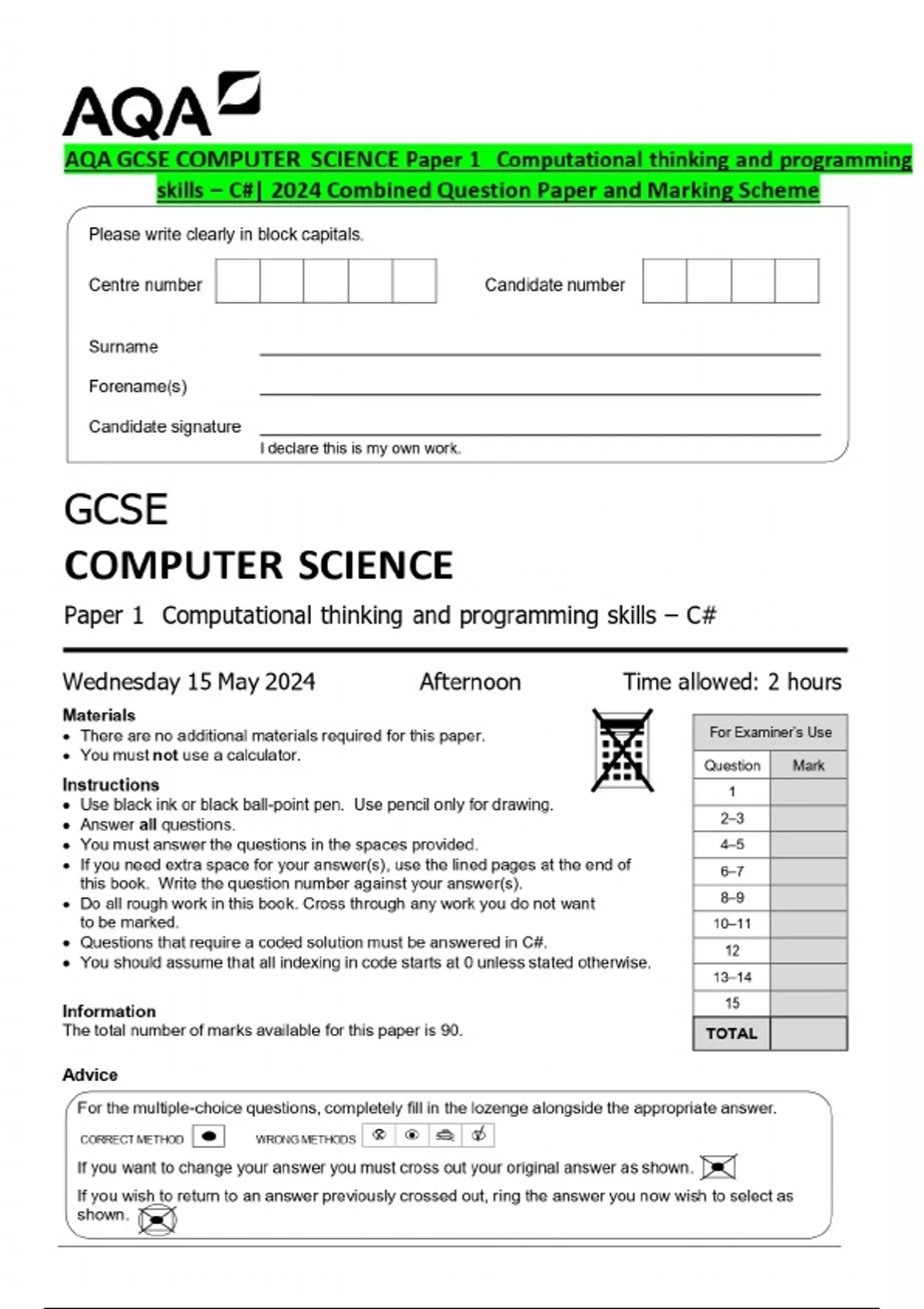 Aqa Gcse Computer Science Paper 1 Computational Thinking And Programming Skills C 2024