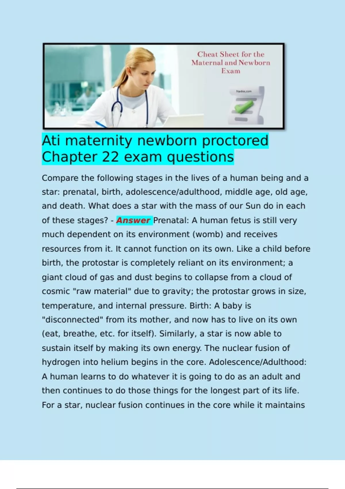 Ati maternity newborn proctored Chapter 22 exam questions Compare the following stages in the ...