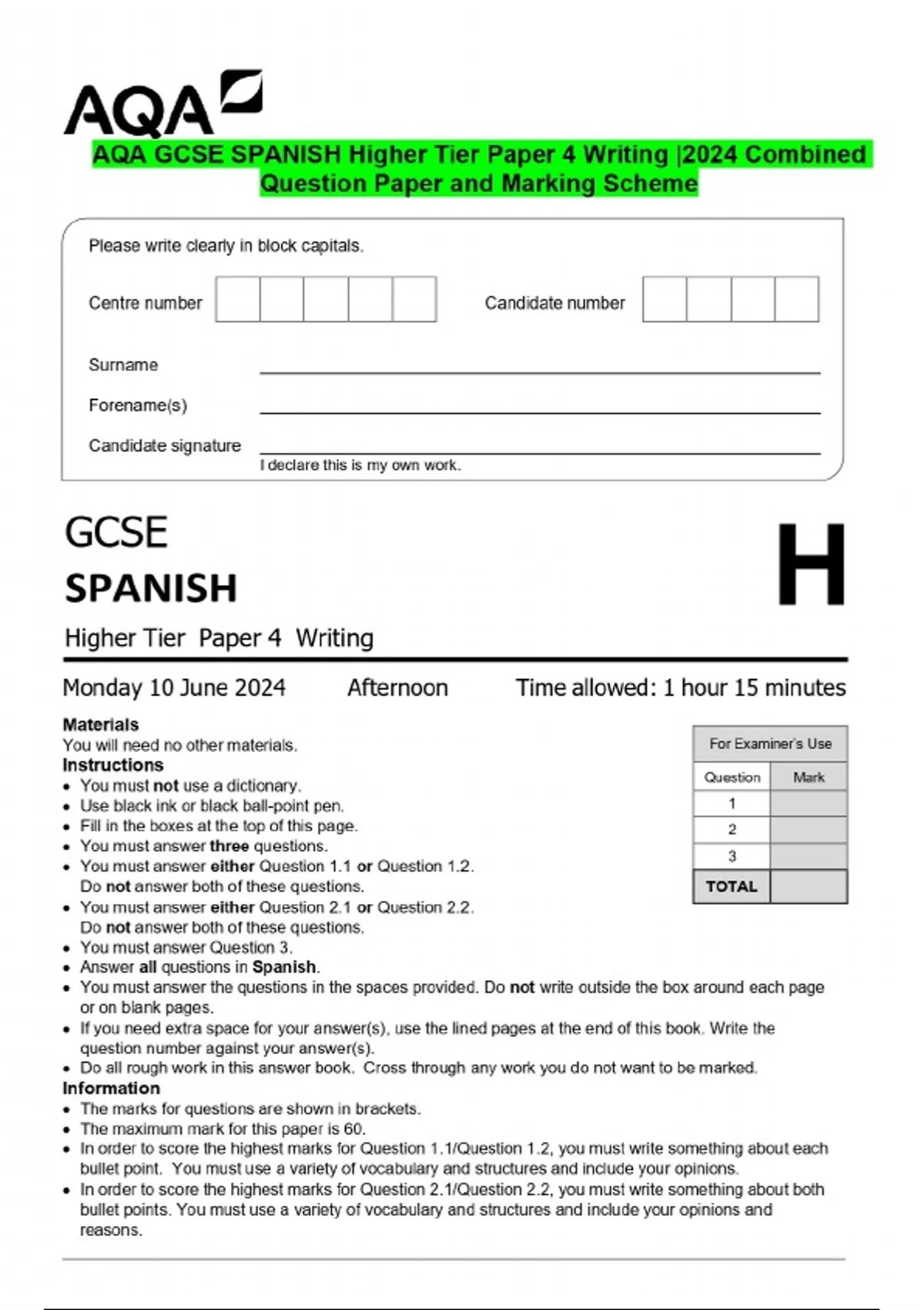 AQA GCSE SPANISH Higher Tier Paper 4 Writing |2024 Combined Question ...