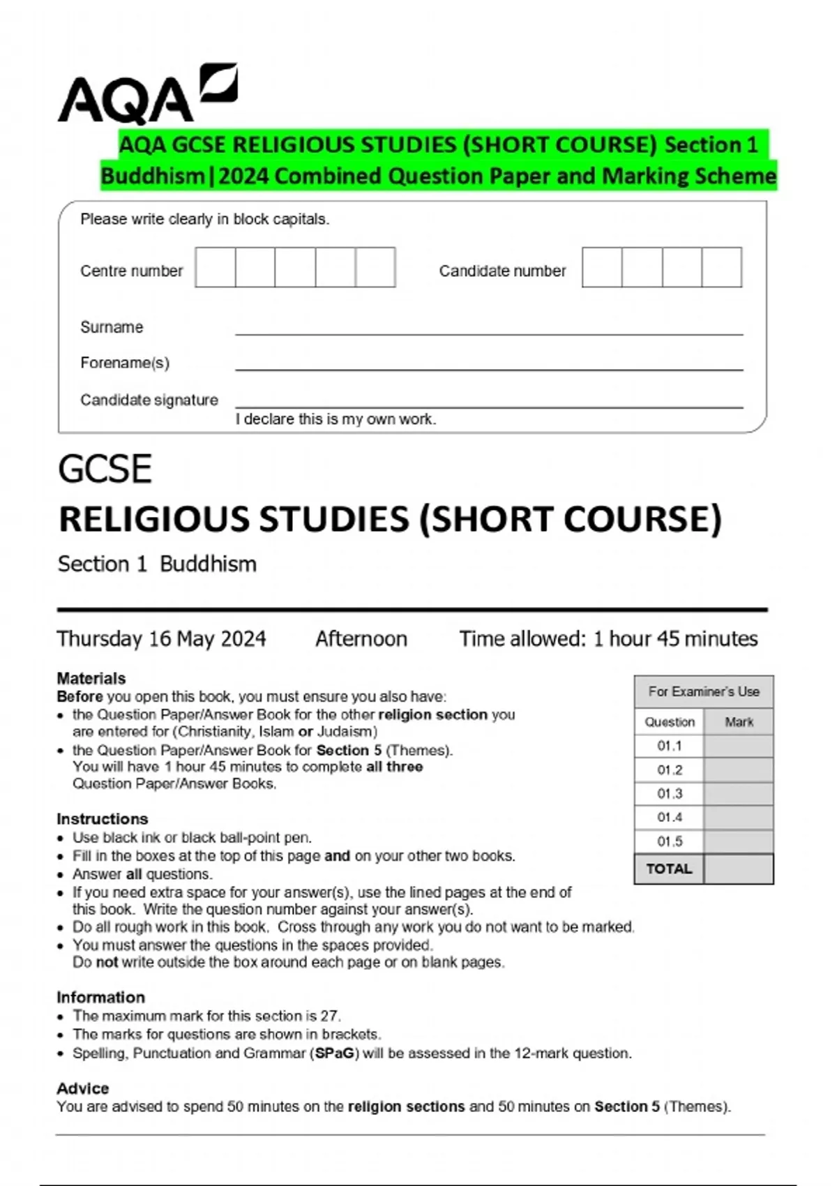 AQA GCSE RELIGIOUS STUDIES (SHORT COURSE) Section 1 Buddhism|2024 ...