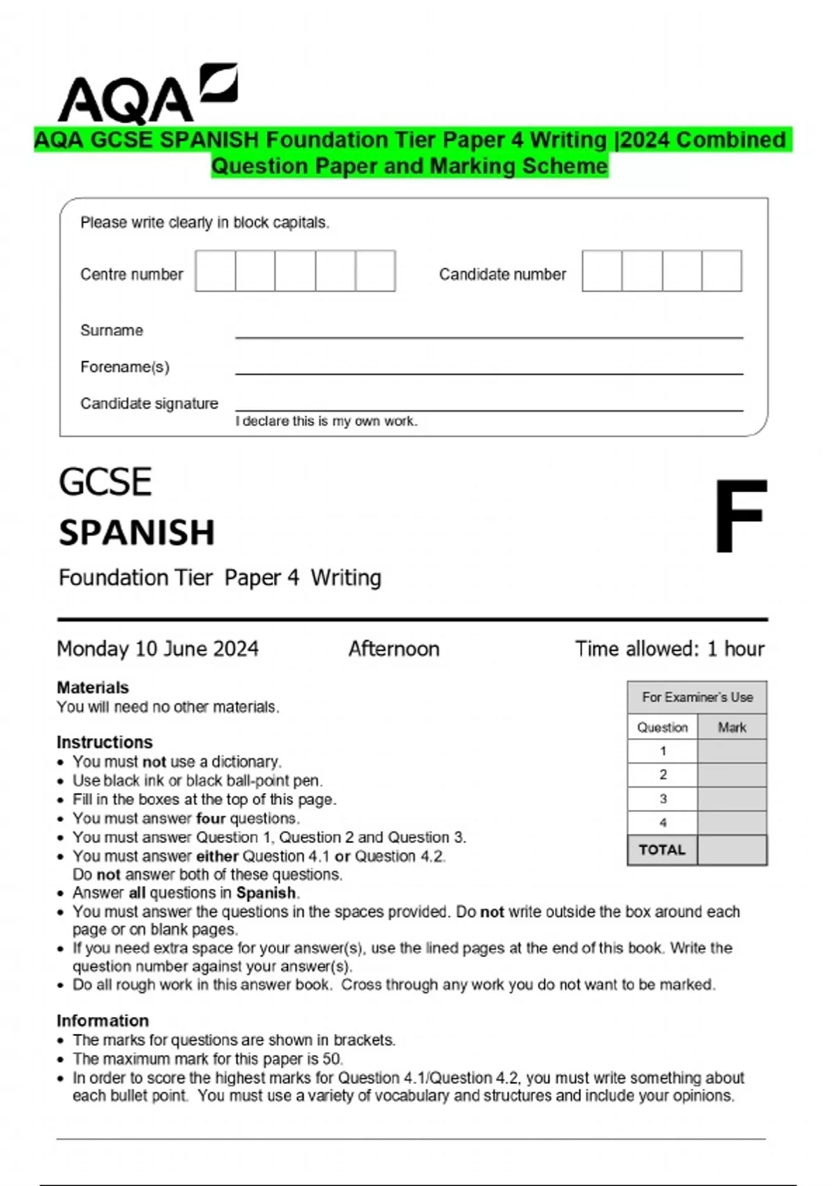 AQA GCSE SPANISH Foundation Tier Paper 4 Writing |2024 Combined ...