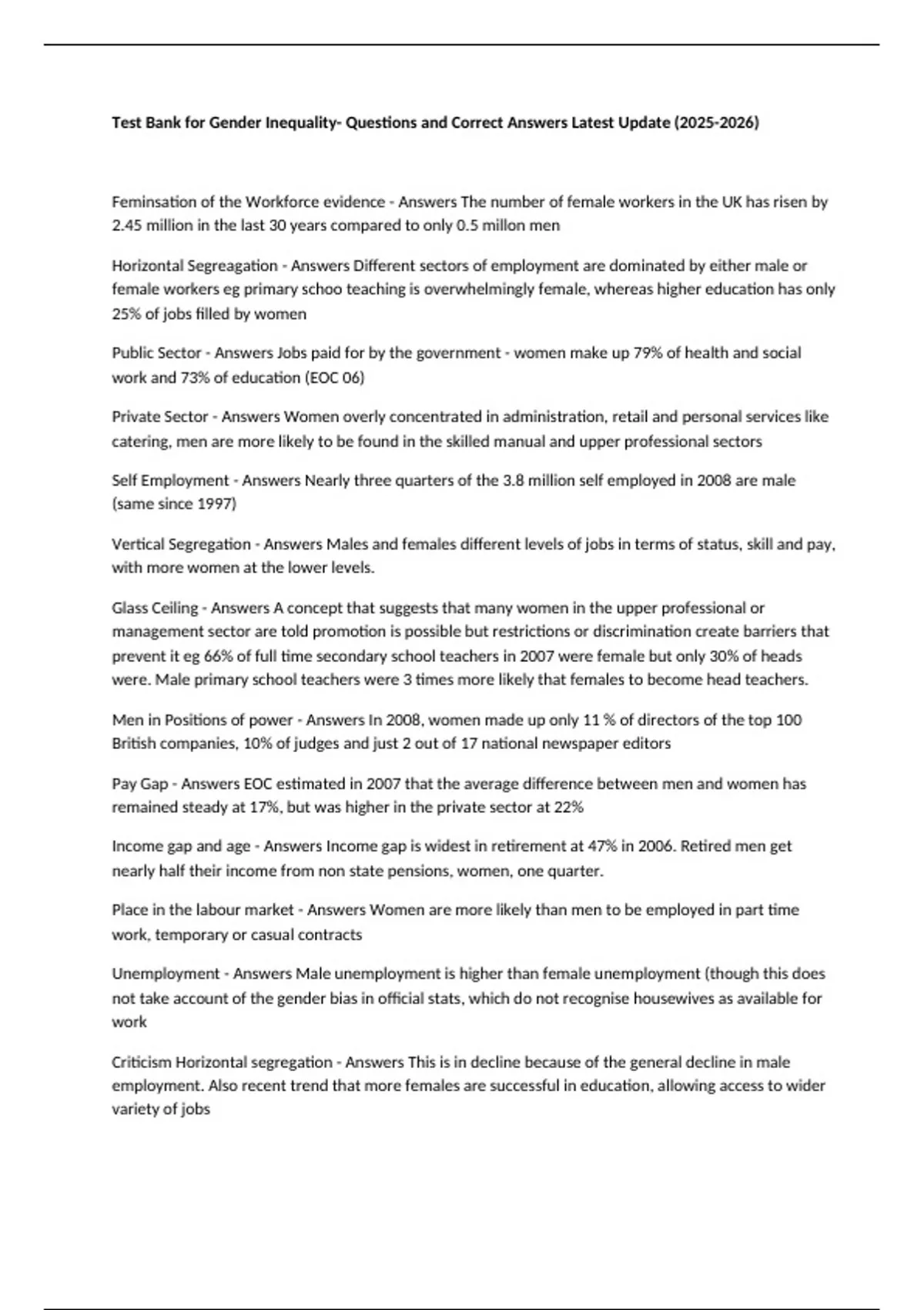 Test Bank for Gender Inequality- Questions and Correct Answers Latest ...