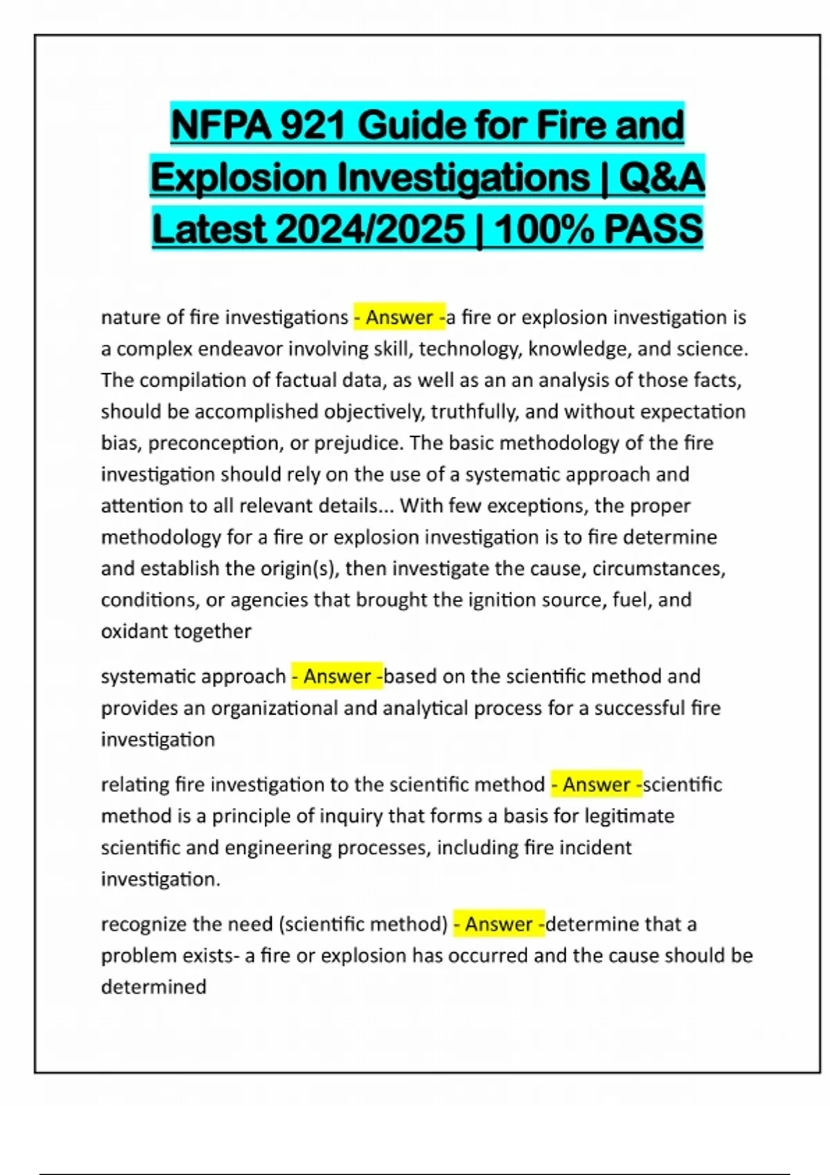 NFPA 921 GUIDE FOR FIRE AND EXPLOSION INVESTIGATIONS ACTUAL 2025/2026 QUESTIONS AND 100% CORRECT ...