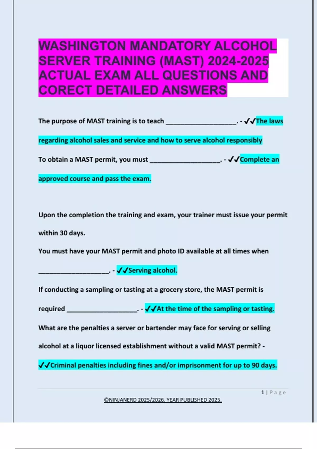 WASHINGTON MANDATORY ALCOHOL SERVER TRAINING (MAST) ACTUAL EXAM ALL ...