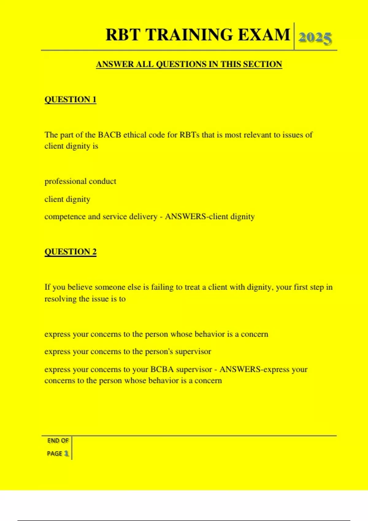 RBT TRAINING EXAM QUESTION AND ANSWERS 2025 - RBT TRAINING - Stuvia US