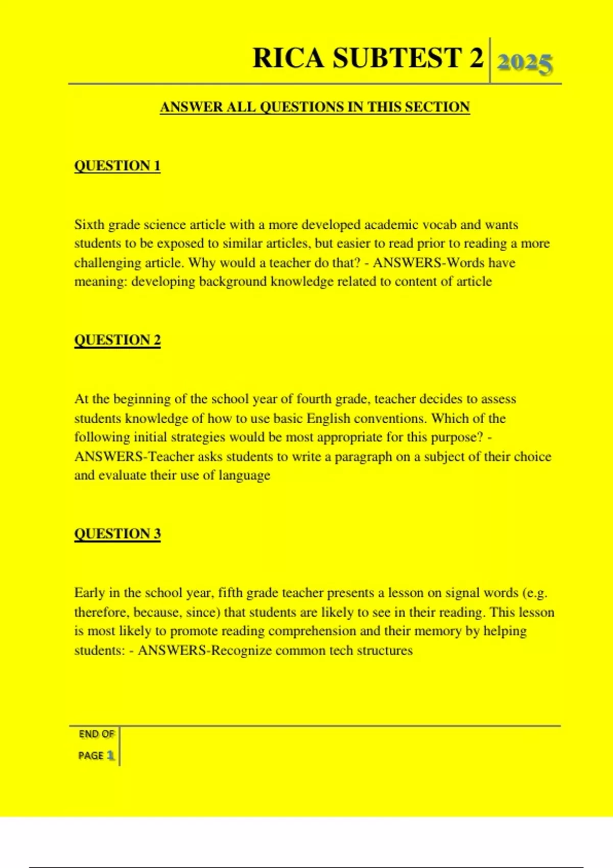 RICA SUBTEST 2 QUESTION AND ANSWERS 2025 - RICA SUBTEST 2 - Stuvia US
