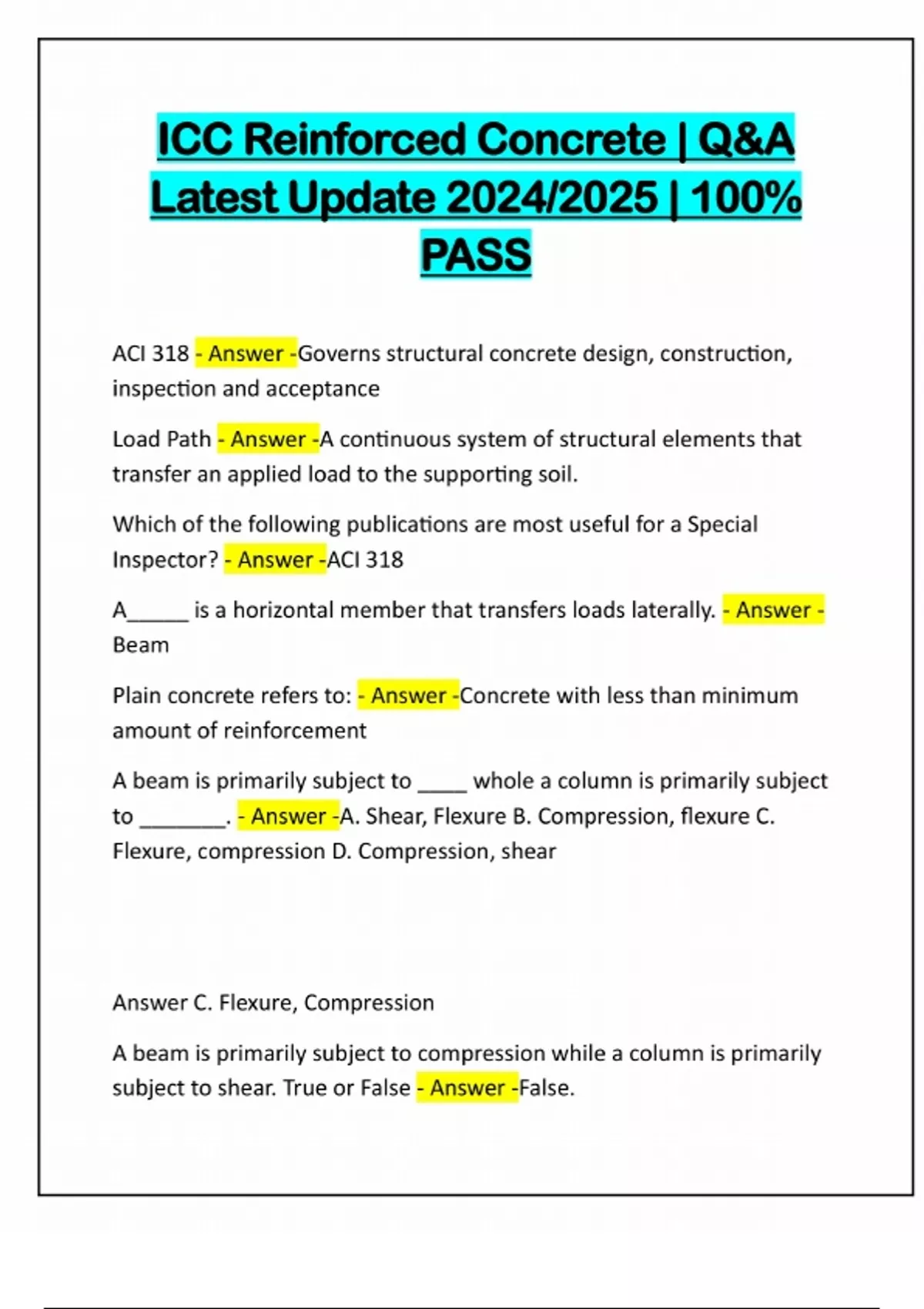 ICC Reinforced Concrete | Q&A Latest Update 2024/2025 | 100% PASS - Icc ...