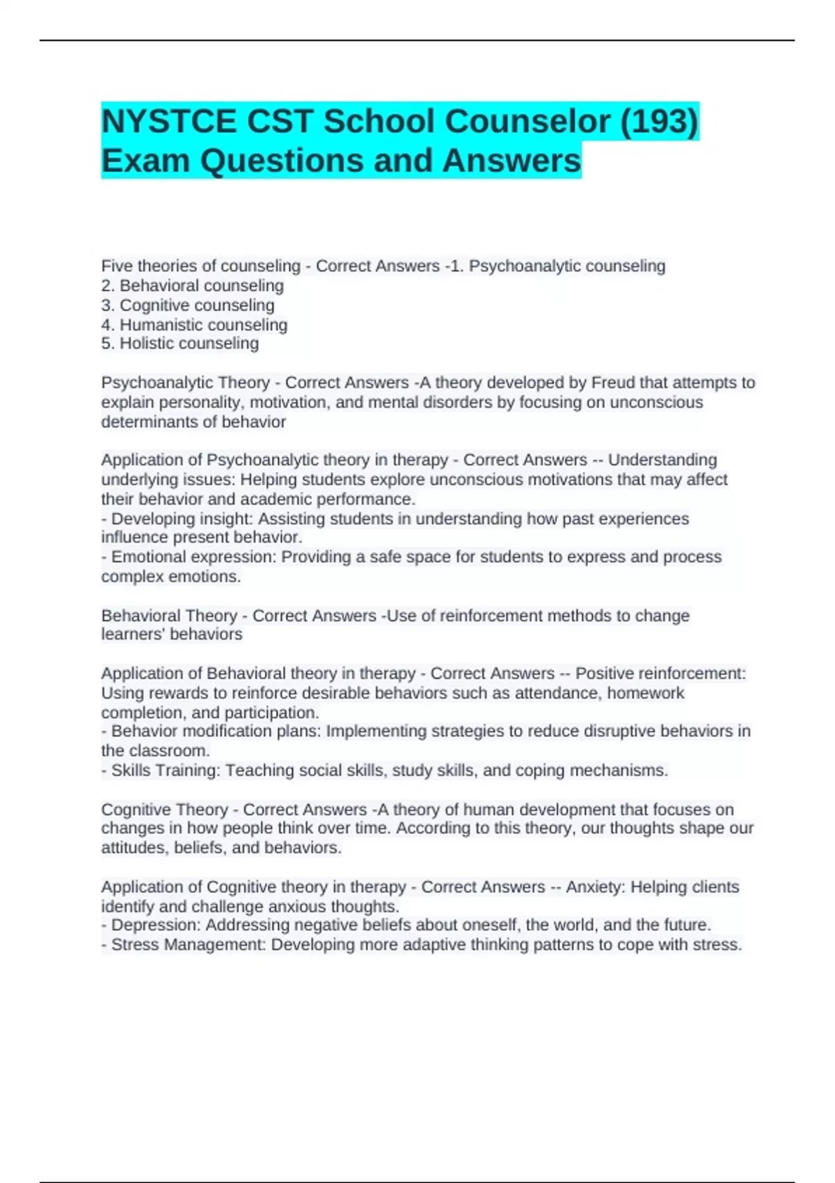 NYSTCE CST School Counselor (193) Exam Questions and Answers - School ...