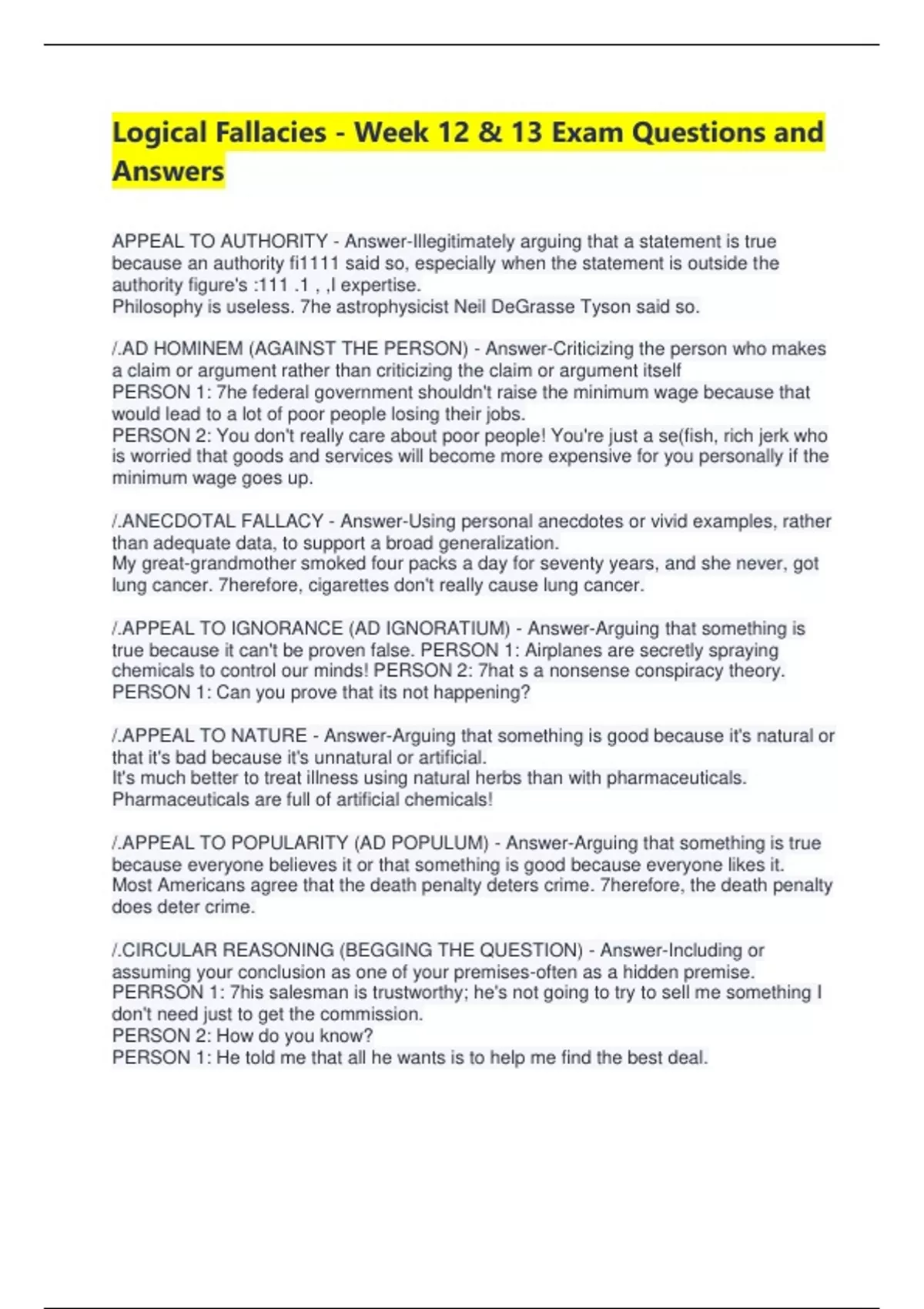 Logical Fallacies - Week 12 & 13 Exam Questions and Answers - Logical Fallacies - 12 & 13 ...