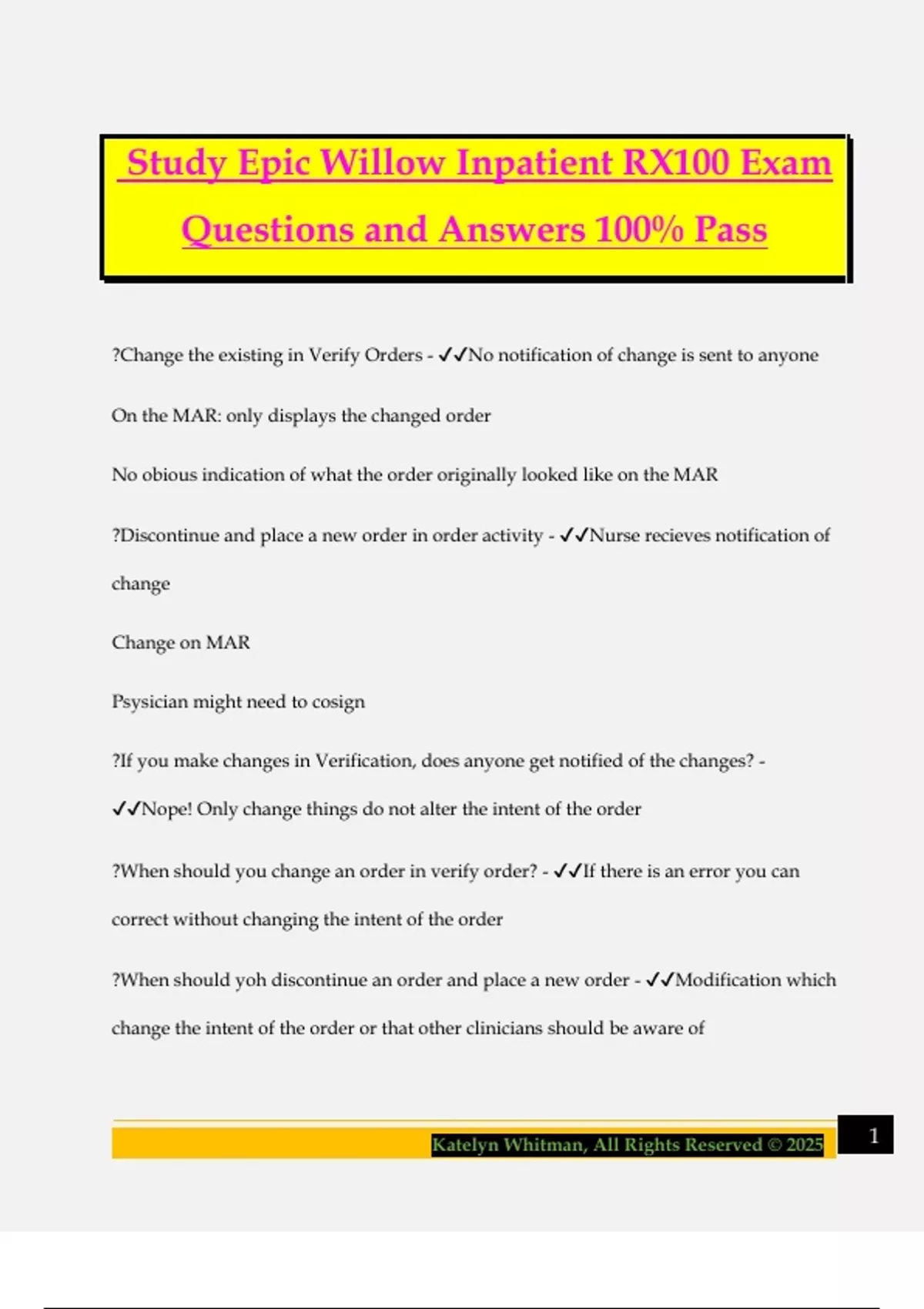 Study Epic Willow Inpatient RX100 Exam Questions and Answers 100% Pass ...