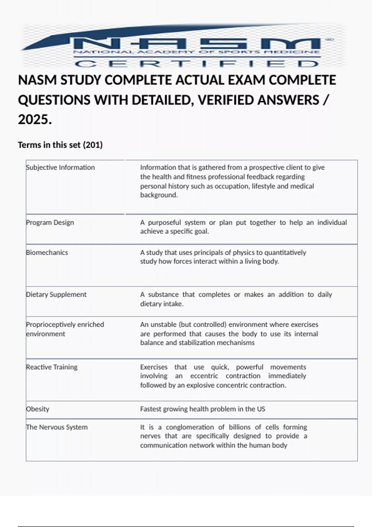 NASM STUDY COMPLETE ACTUAL EXAM COMPLETE QUESTIONS WITH DETAILED, VERIFIED ANSWERS / 2025 ...