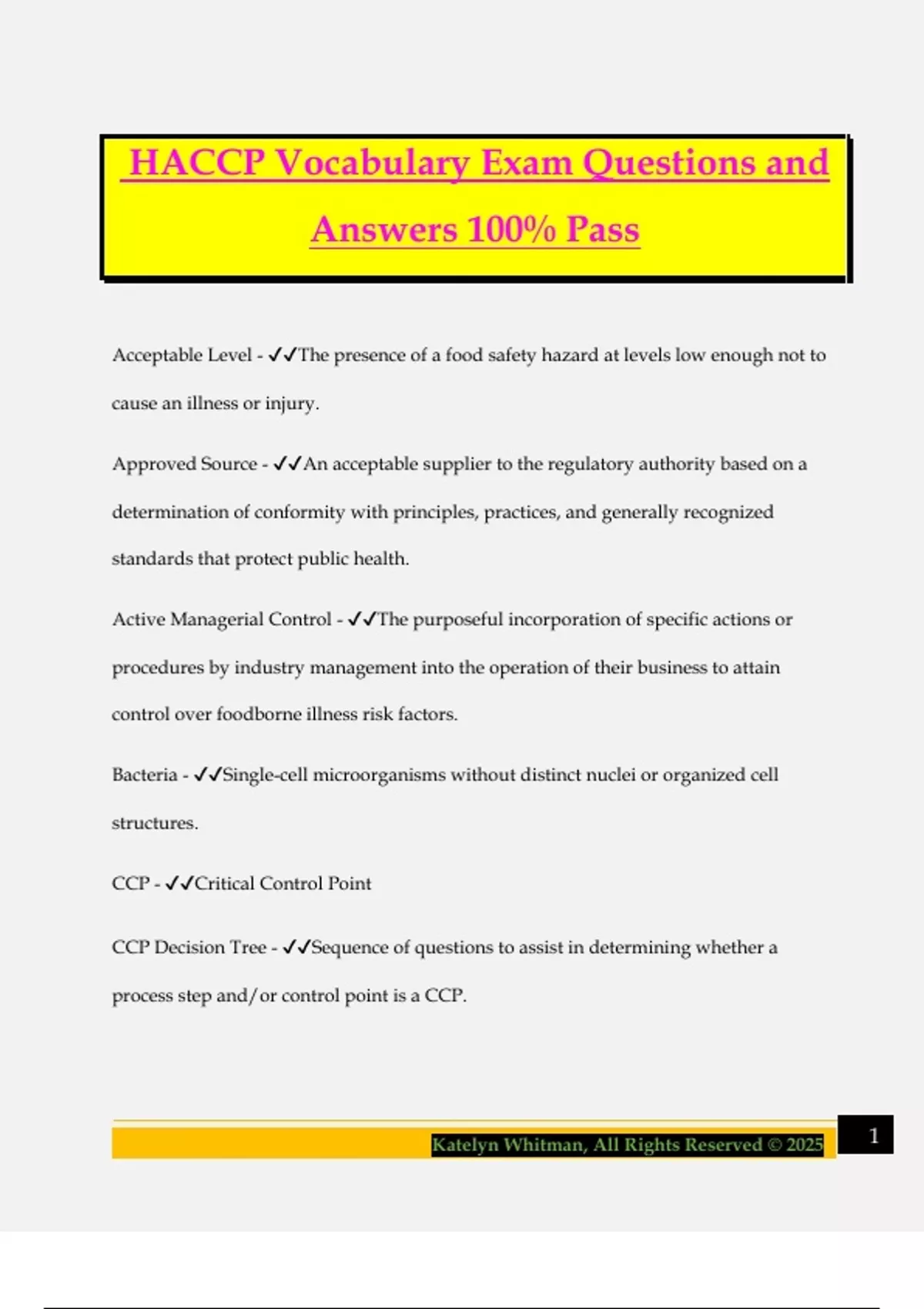 HACCP Vocabulary Exam Questions and Answers 100% Pass - HACCP - Stuvia US