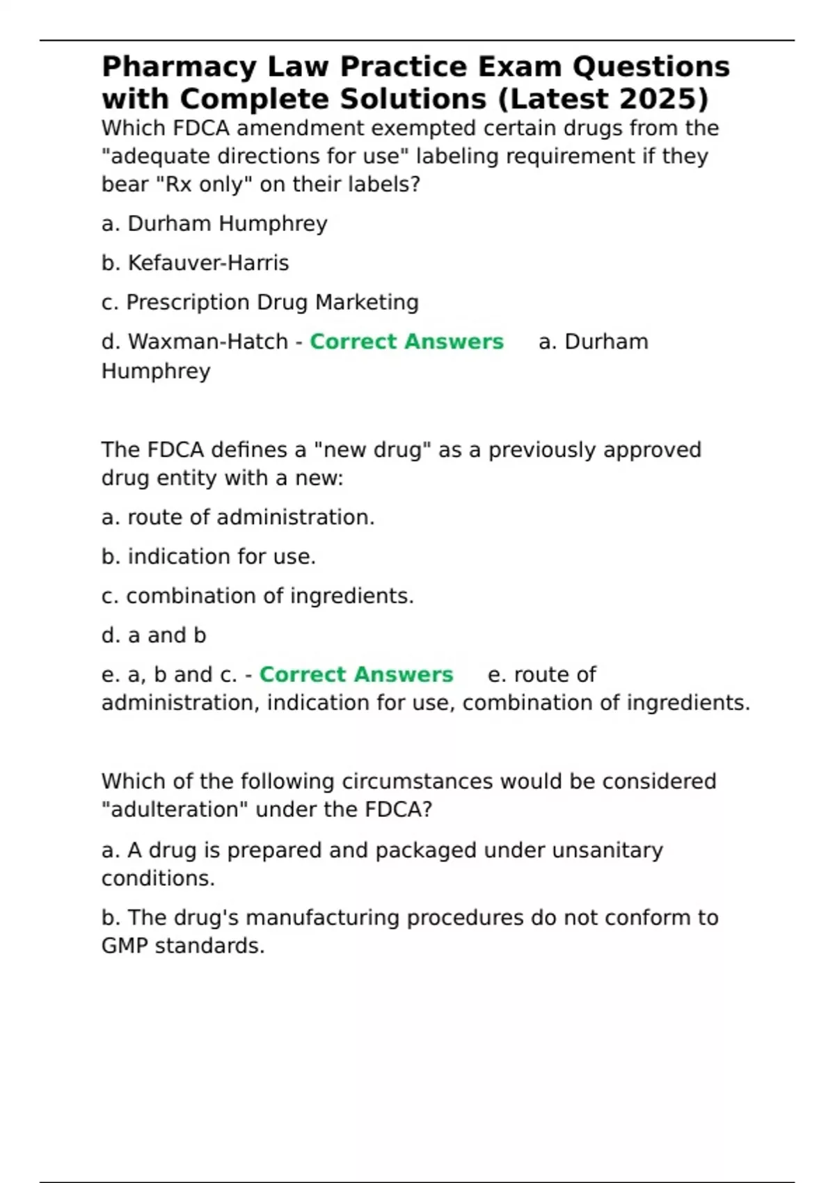 Pharmacy Law Practice Exam Questions with Complete Solutions (Latest ...