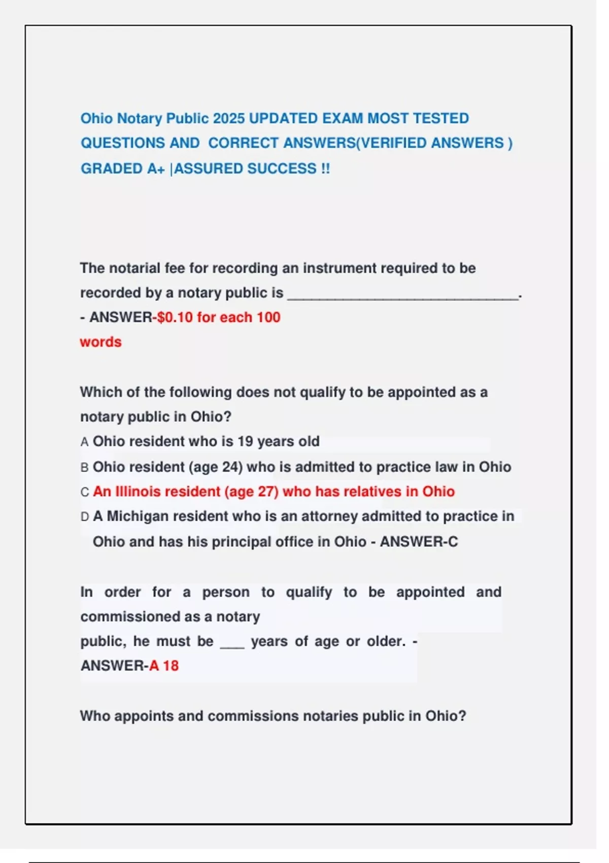 Ohio Notary Public 2025 UPDATED EXAM MOST TESTED QUESTIONS AND CORRECT ...