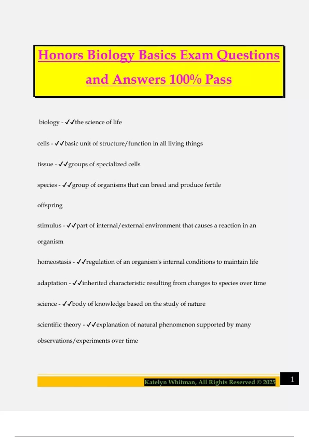 Honors Biology Basics Exam Questions and Answers 100% Pass - Honors ...