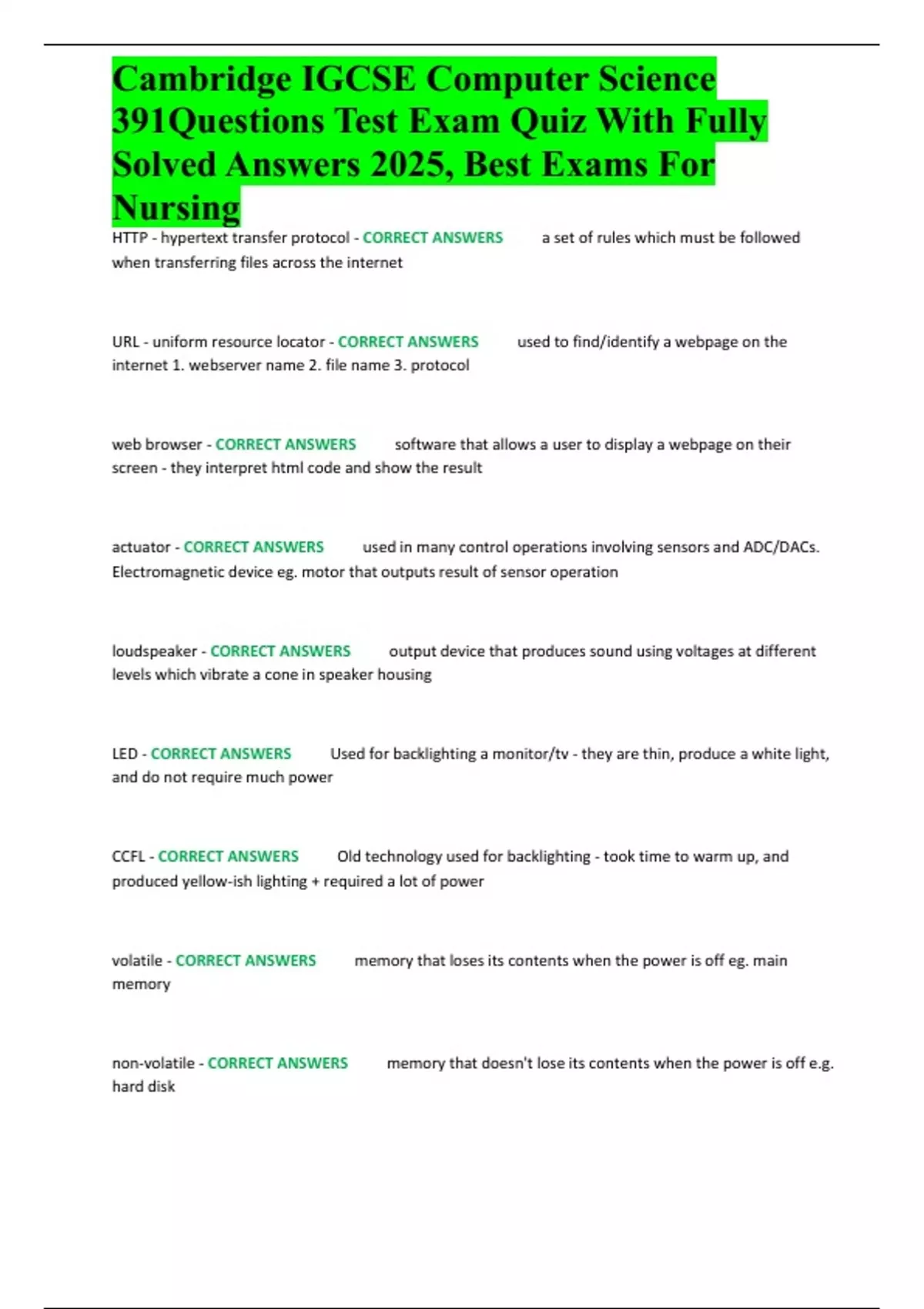 Cambridge IGCSE Computer Science 391Questions Test Exam Quiz With Fully ...