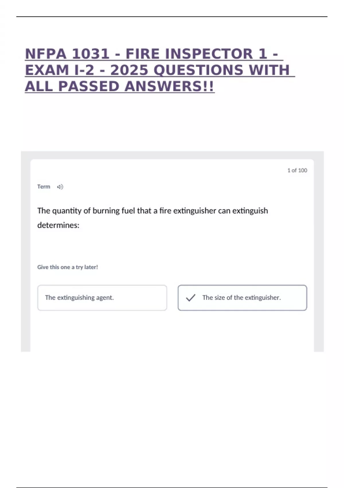 NFPA 1031 - FIRE INSPECTOR 1 - EXAM I-2 - 2025 QUESTIONS WITH ALL ...