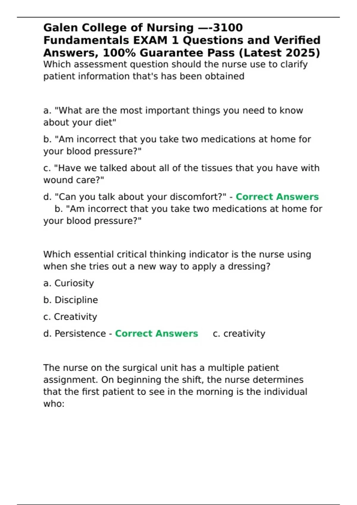 Galen College of Nursing —-3100 Fundamentals EXAM 1 Questions and Verified Answers, 100 ...